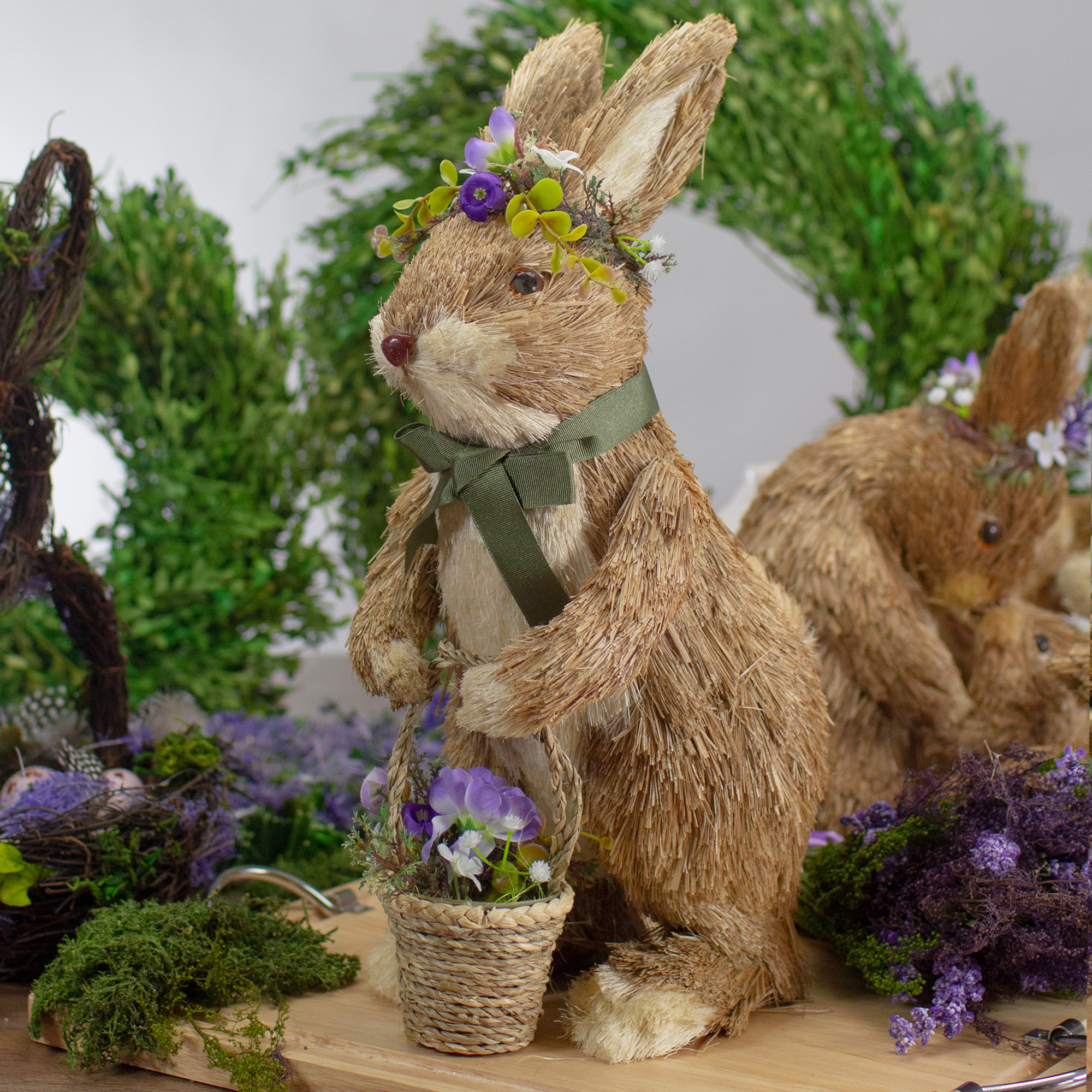 15" Brown Sisal Bunny Rabbit with Basket Easter Figure | Christmas Central