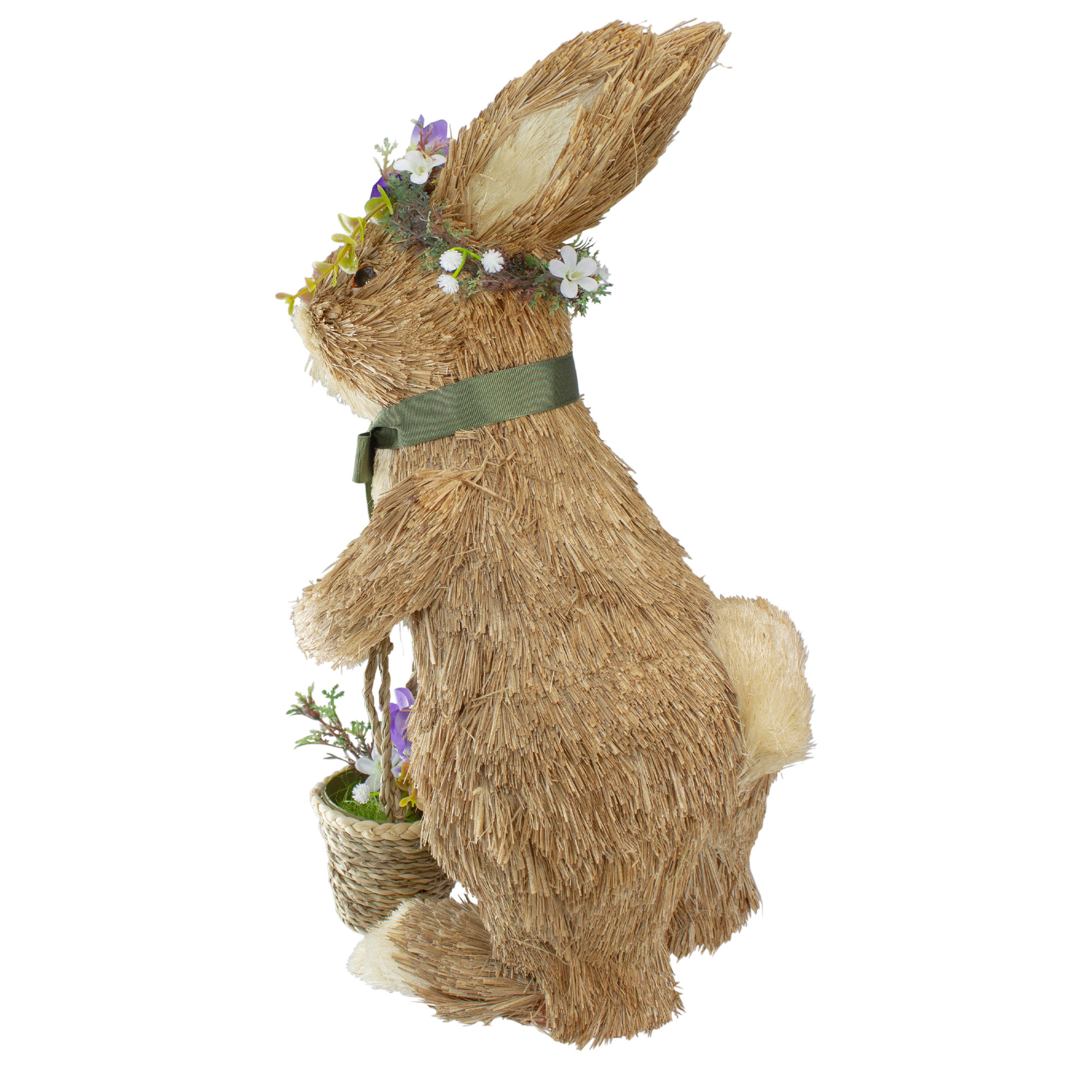 15" Brown Sisal Bunny Rabbit with Basket Easter Figure | Christmas Central