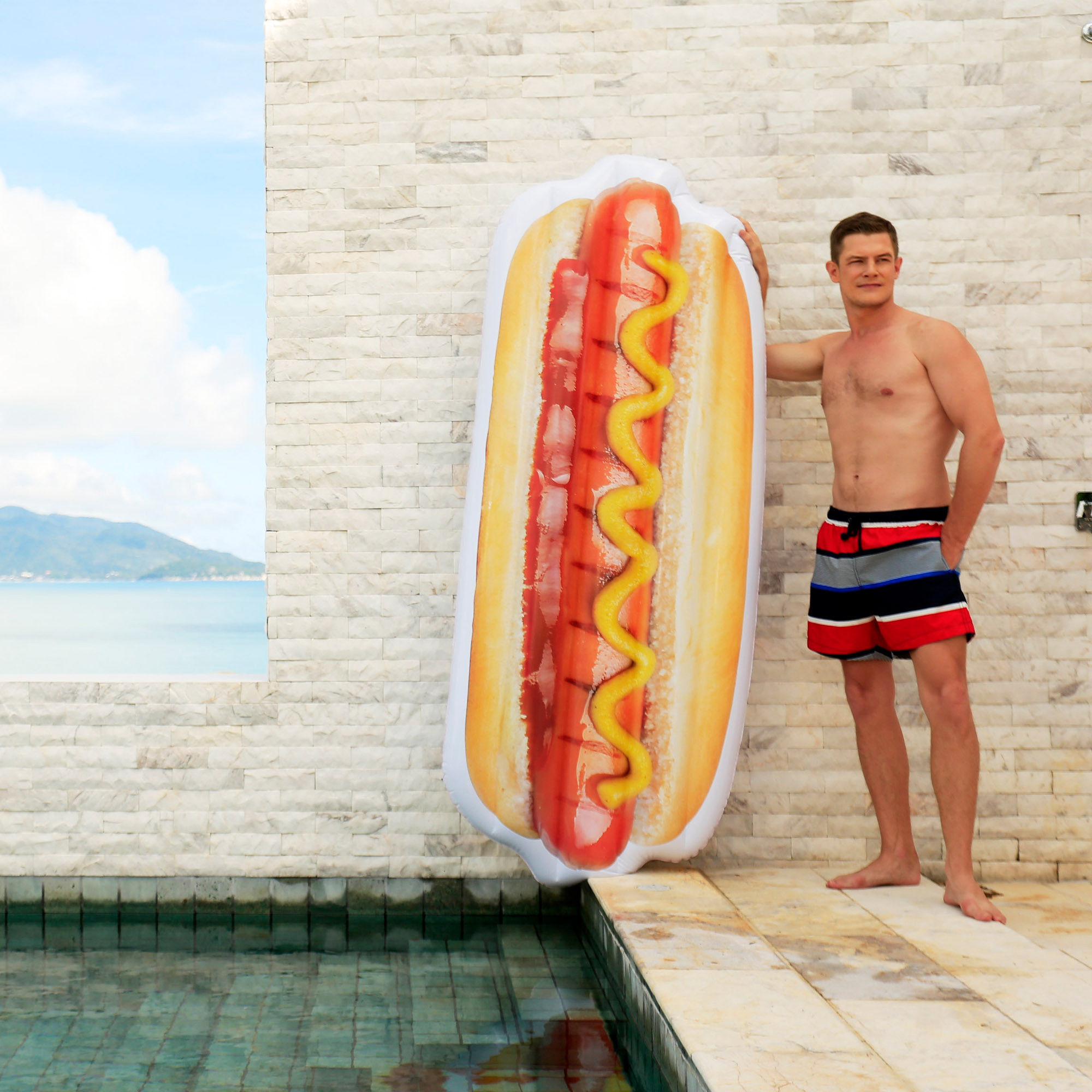 59" Inflatable Hot Dog with Mustard Swimming Pool Float | Christmas Central