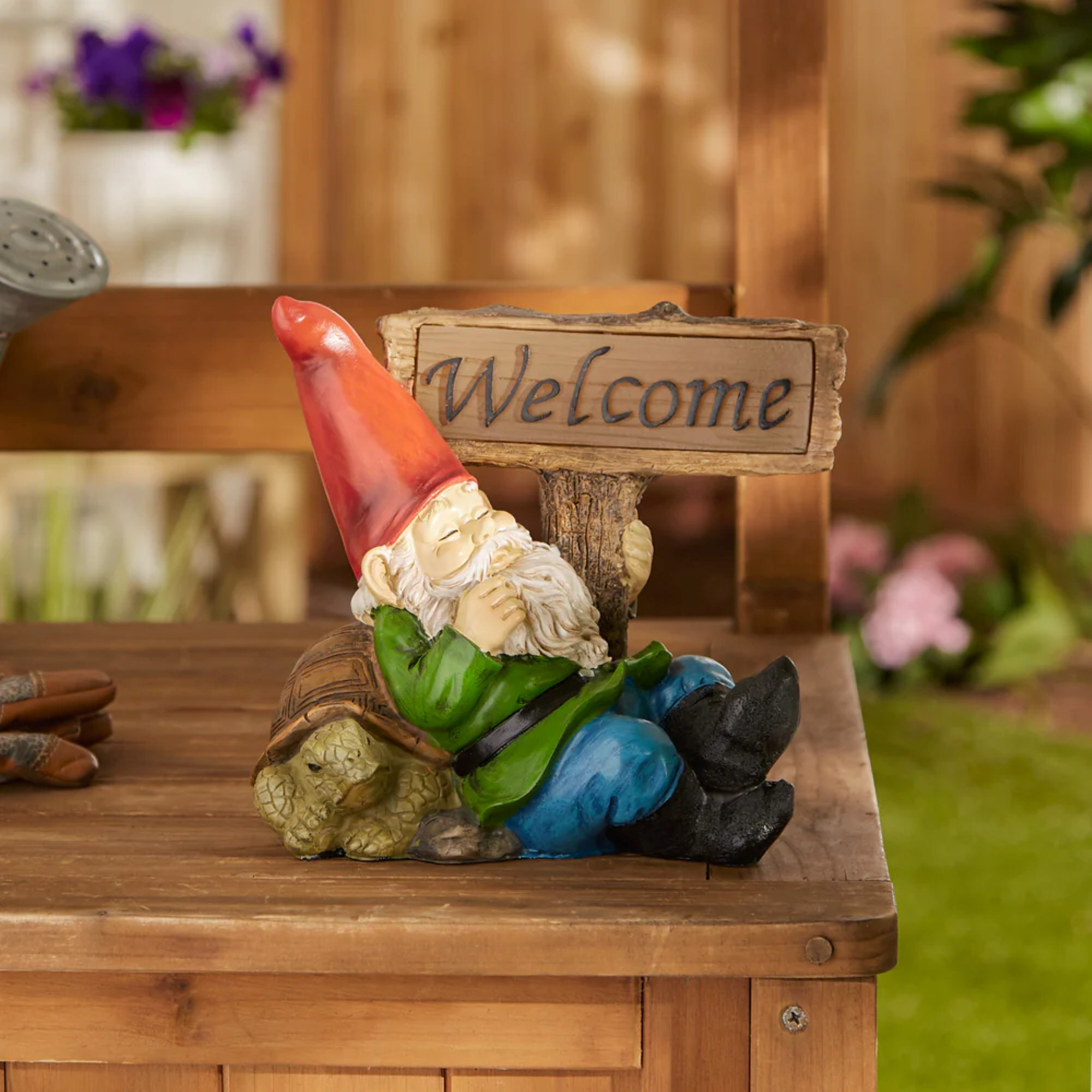 Solar Lighted "WELCOME" Gnome Outdoor Garden Statue - 8" - Green & Red ...