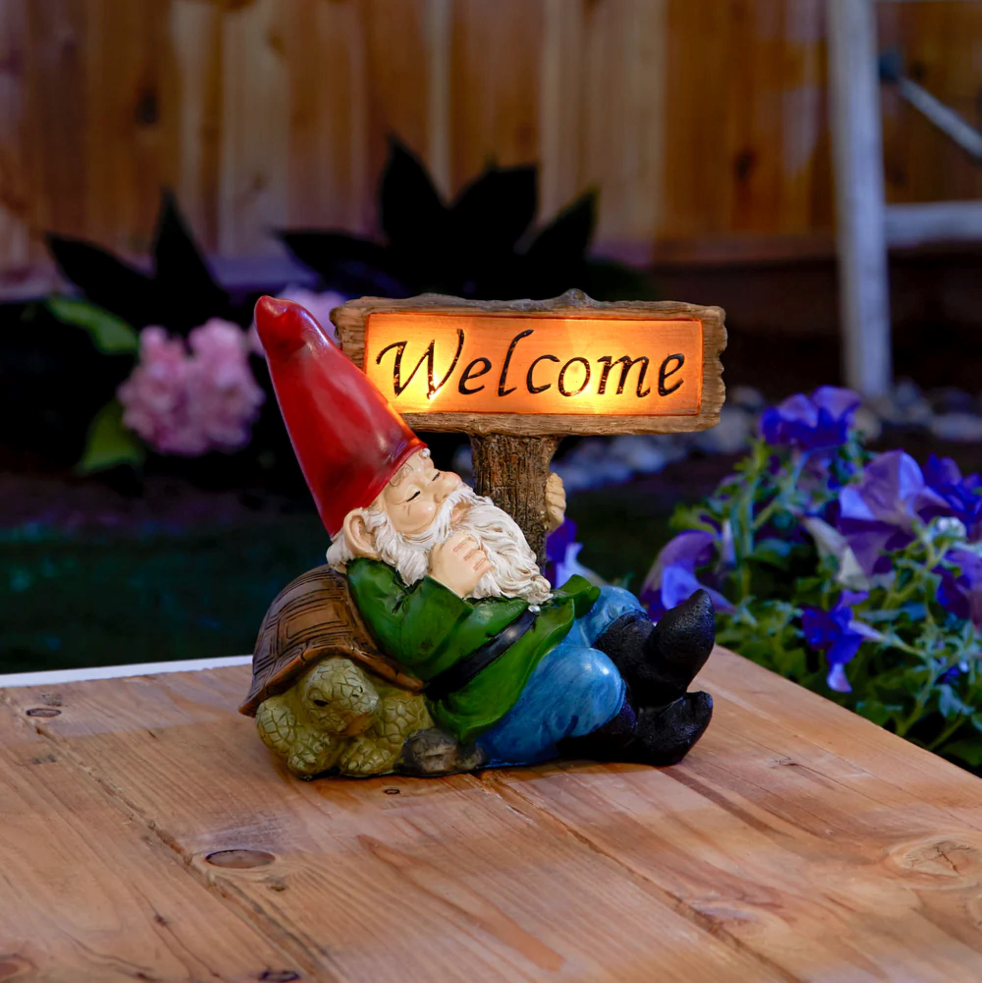 Solar Lighted "WELCOME" Gnome Outdoor Garden Statue - 8" - Green & Red ...
