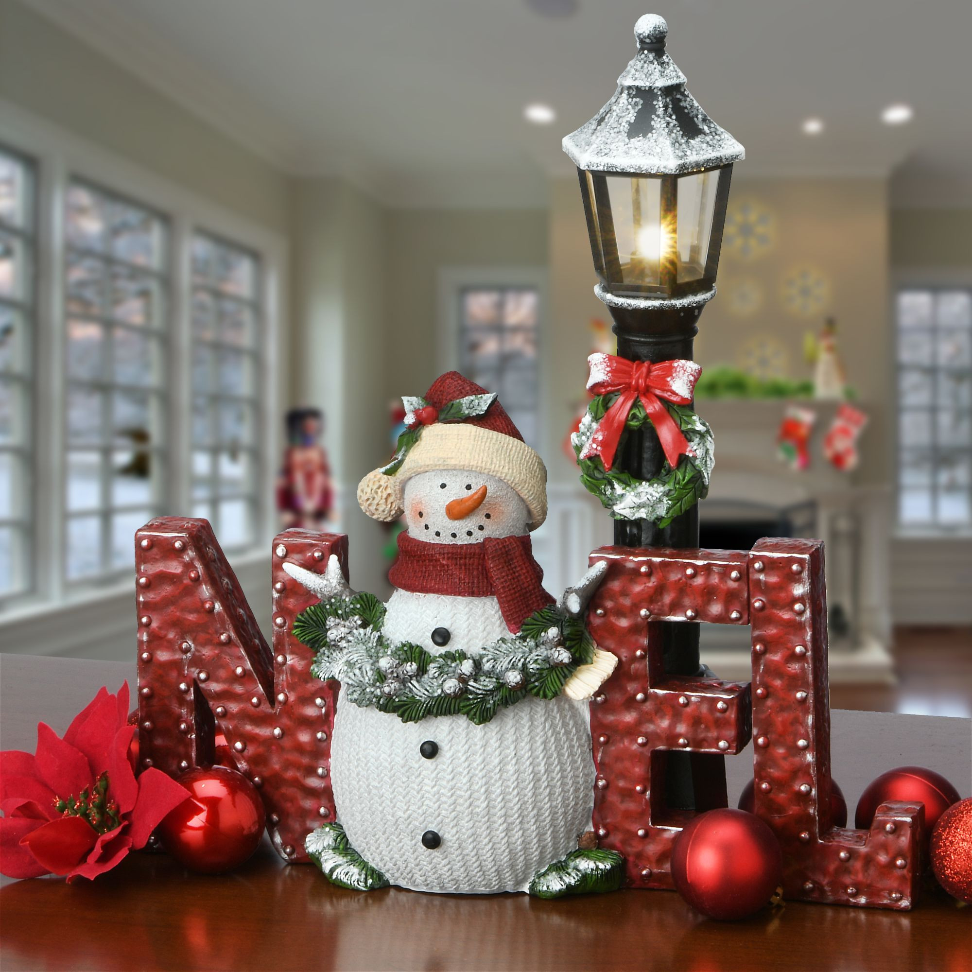 12" Red & White LED Lighted Snowman with Lamppost Christmas Tabletop ...