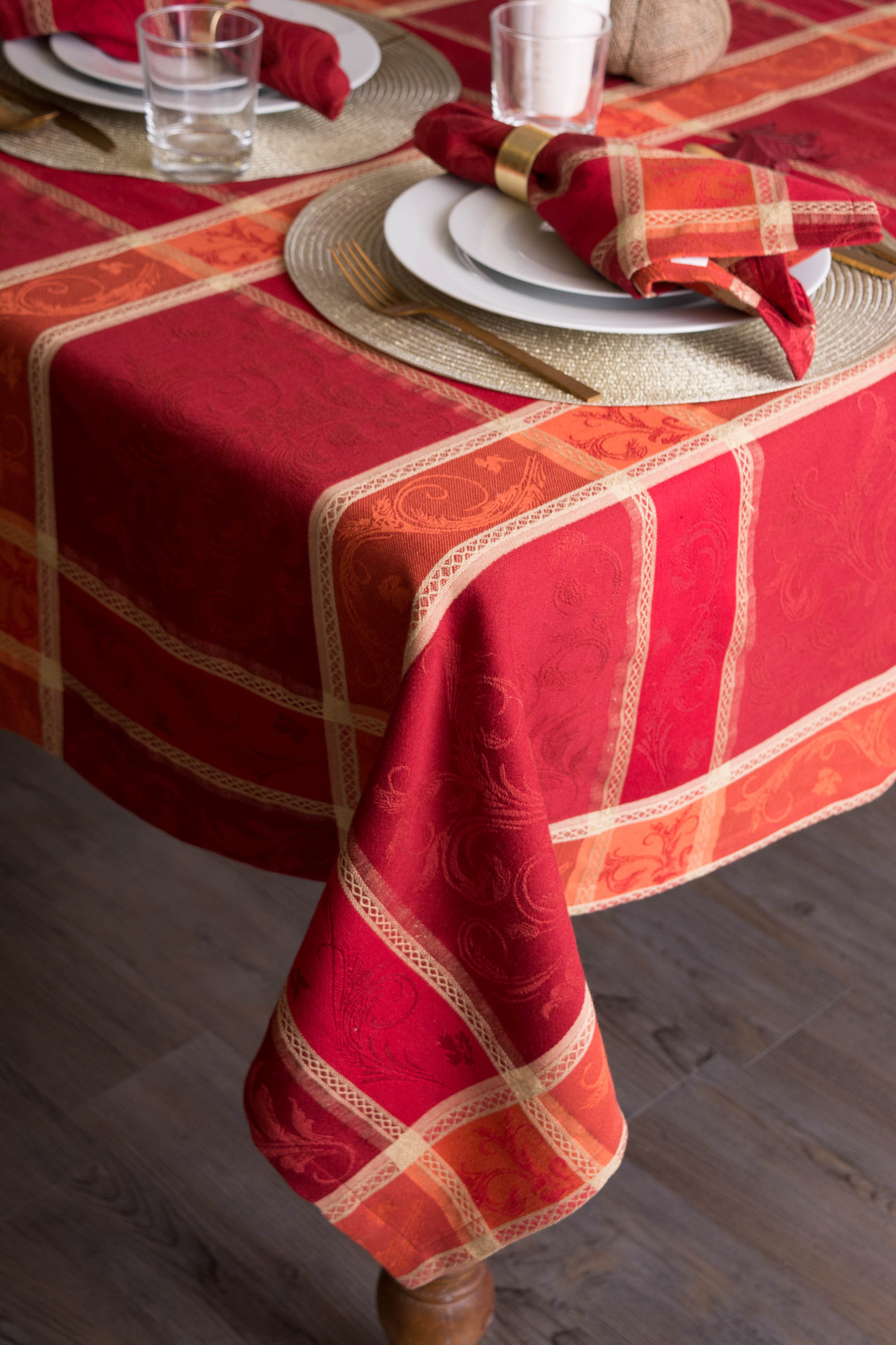 70" Red & Orange Plaid Style Round Tablecloth | Christmas Central