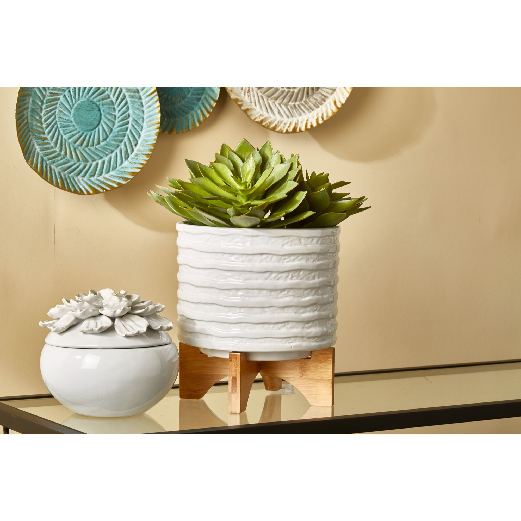 9" White & Brown Striped Ceramic Planter on Stand | Christmas Central