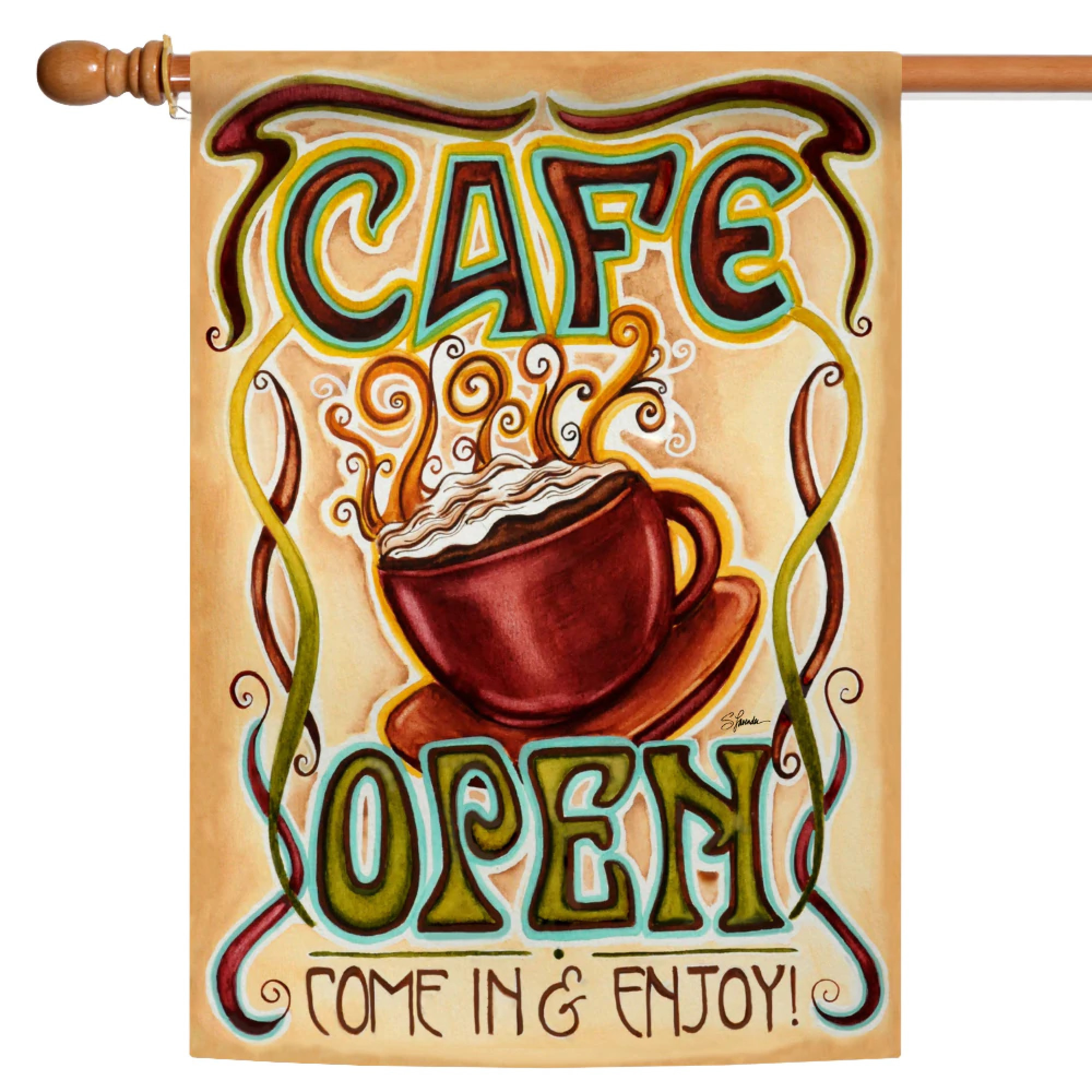 'Cafe Open' Rectangular Outdoor House Flag 40" x 28" | Christmas Central