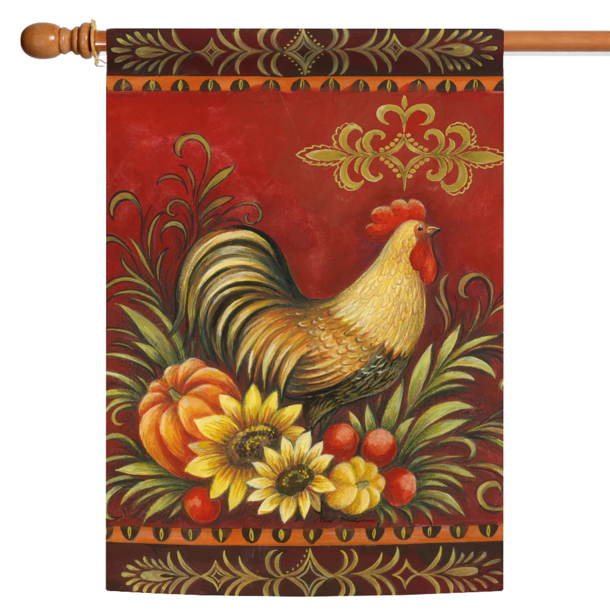 Fall Harvest Rooster Outdoor House Flag 40" x 28" | Christmas Central