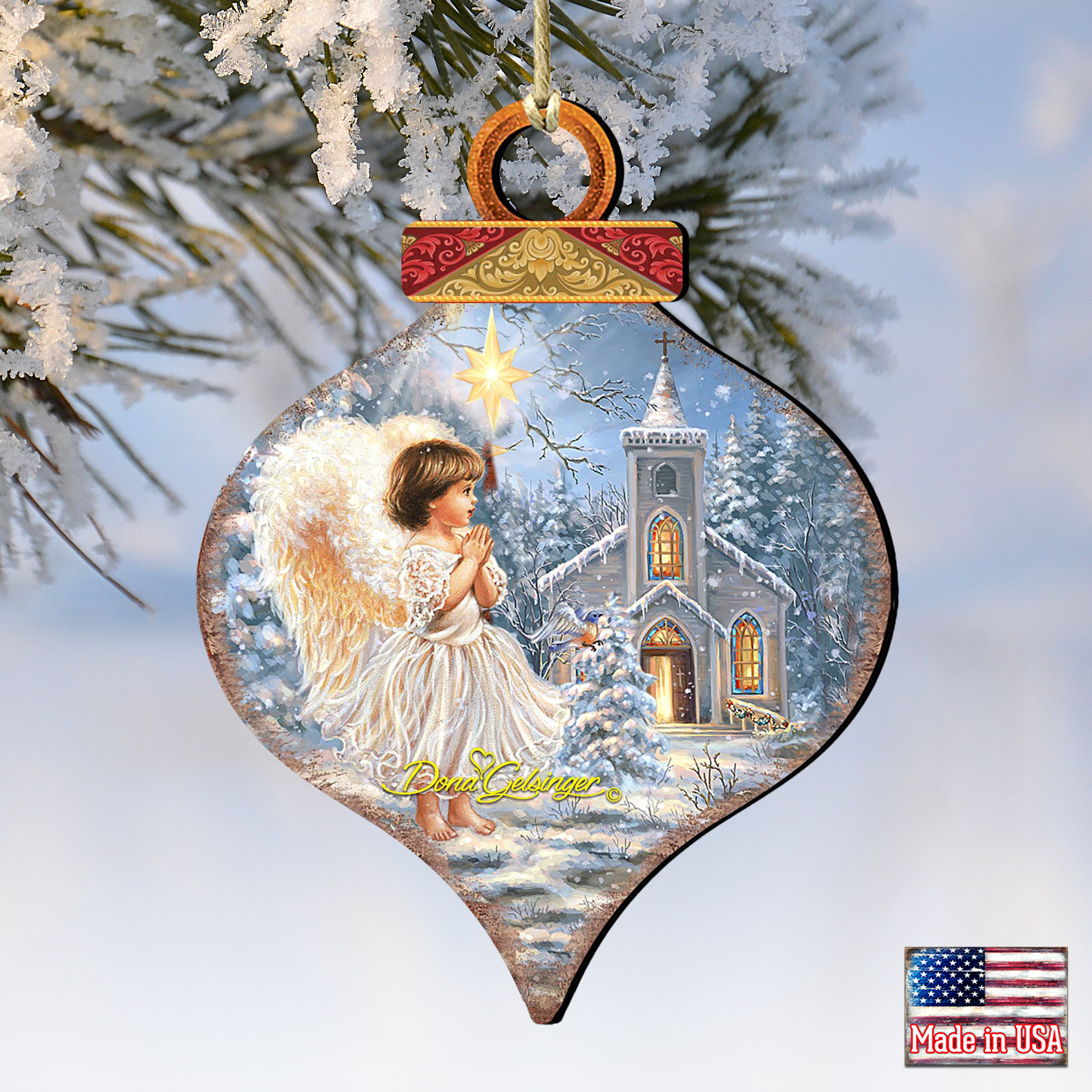 Set of 2 Angel at the Chapel Onion Shaped Wooden Christmas Ornaments 5. ...