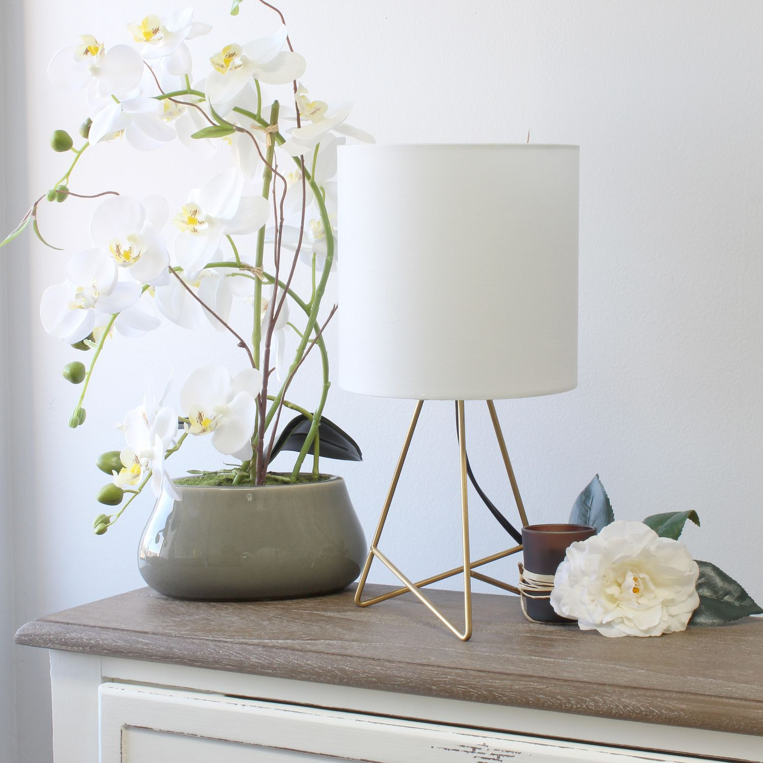 Wired Base Table Lamp with Drum Shade - 13.5" - Gold & White ...
