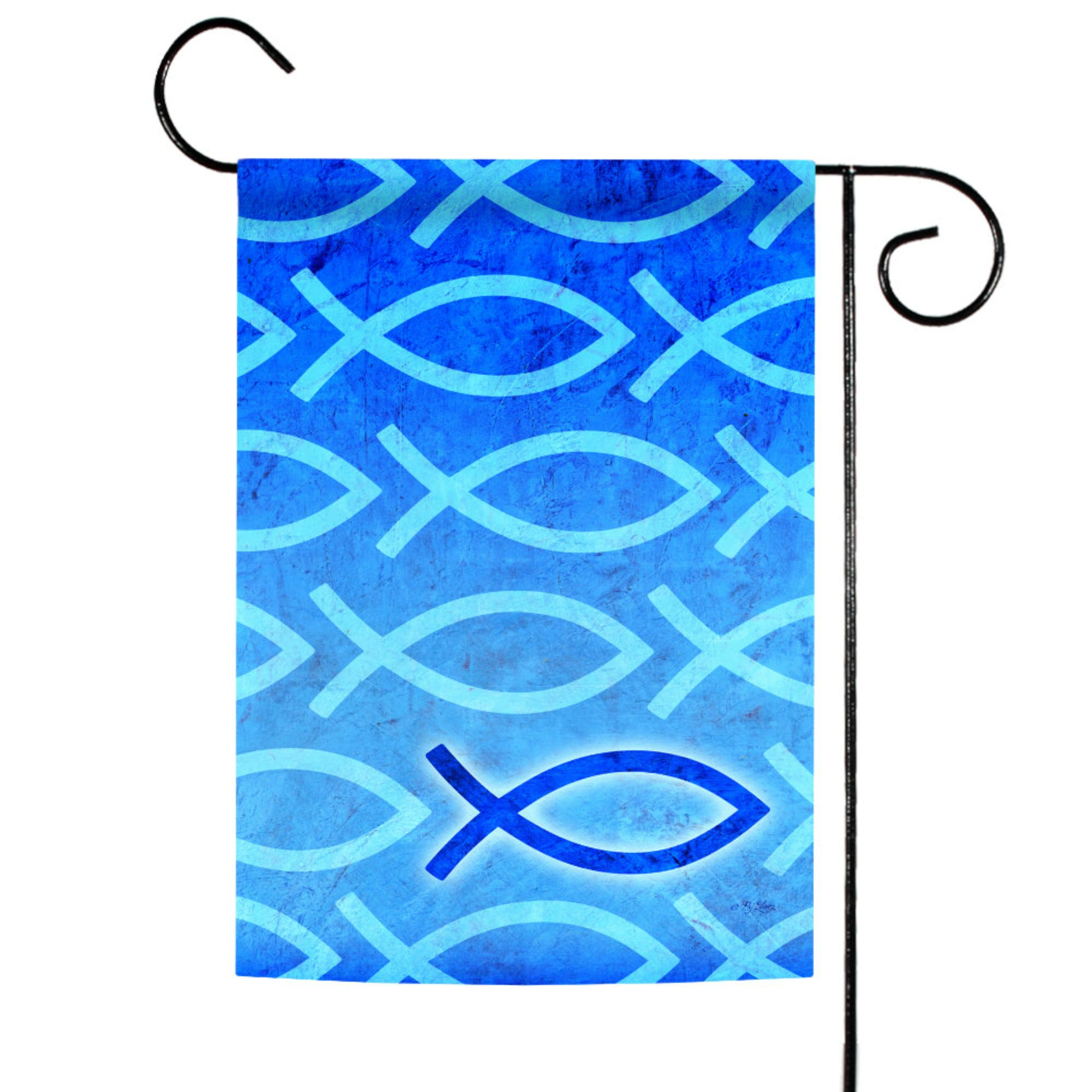 Blue Ichthys Jesus Fish Outdoor Garden Flag 18" x 12.5" | Christmas Central