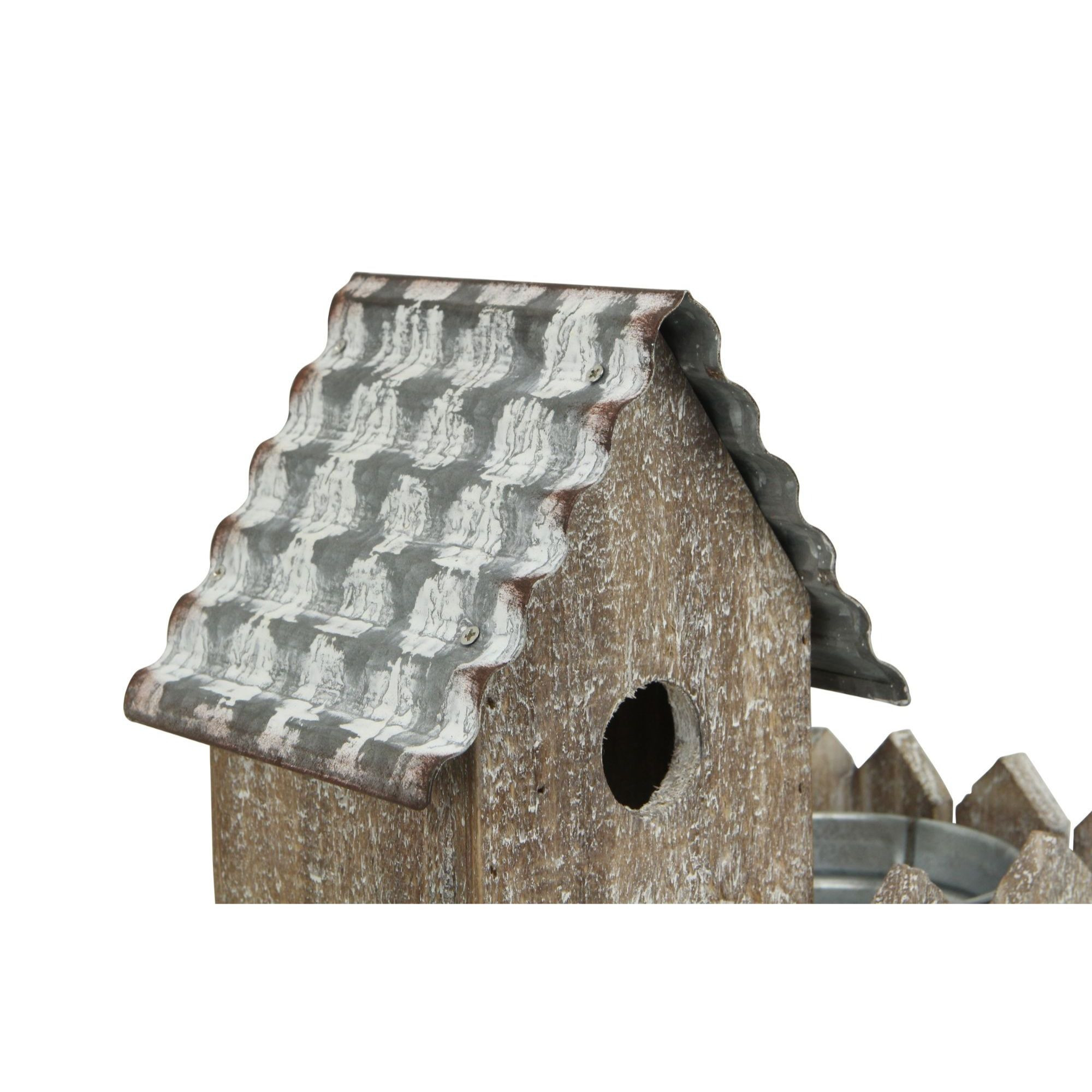 11" Brown & White 2 Story Bird House with Galvanized Pot in Yard ...