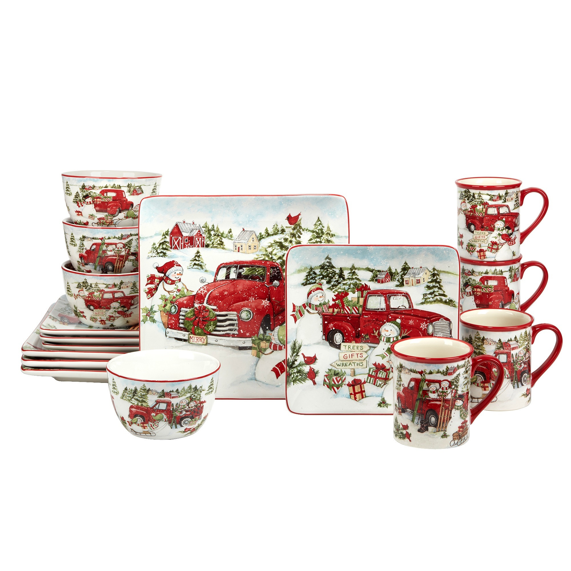 16 Piece Truck with Snowman Christmas Dinnerware Set | Christmas Central