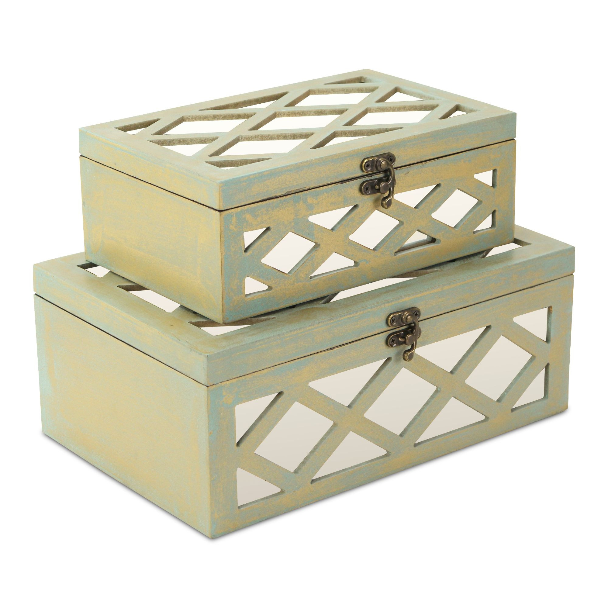 Set of 2 Gold Brushed Lattice Pattern Storage Boxes with Front & Top ...