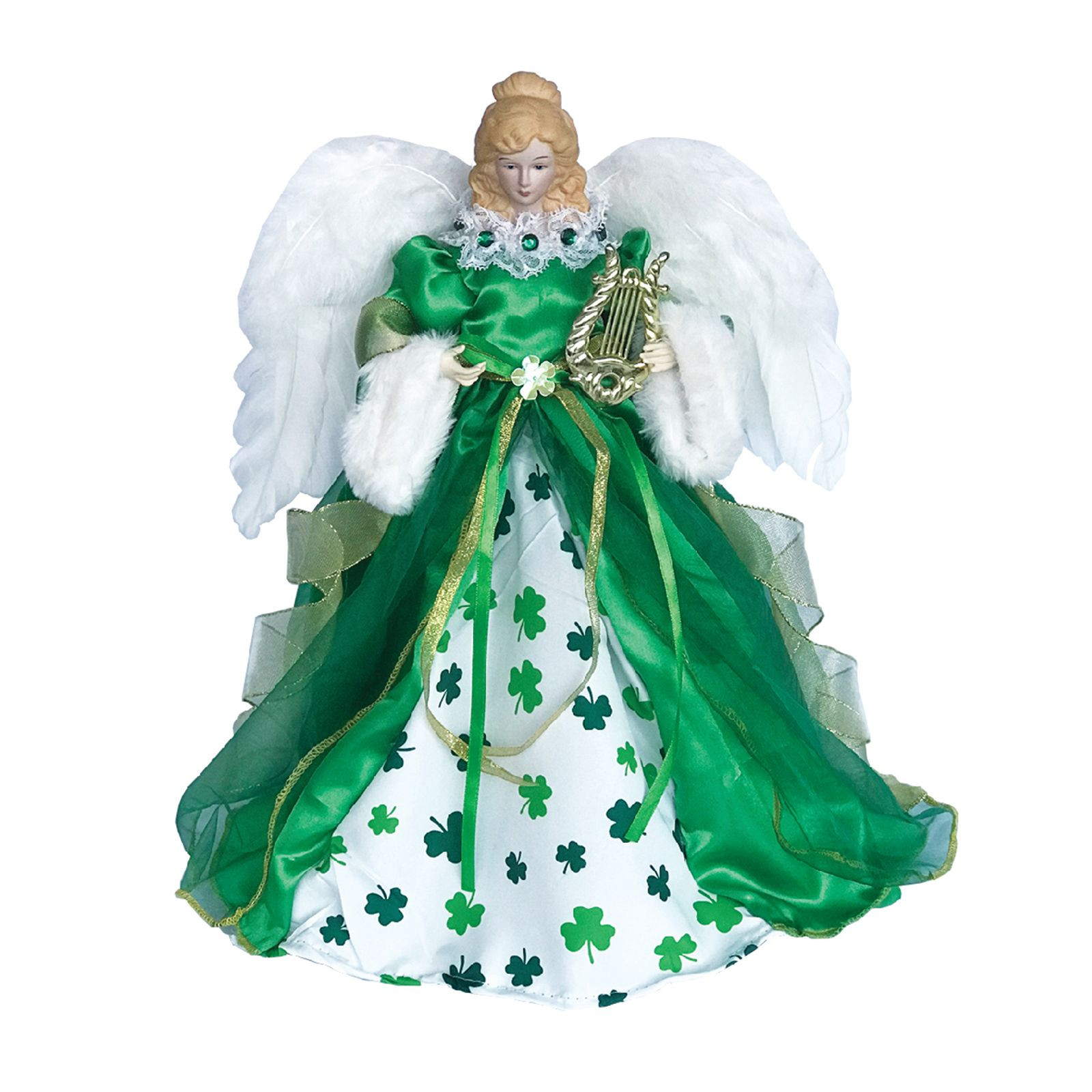 15" Green & White St. Patrick's Day Shamrock Angel Tree Topper, Unlit ...