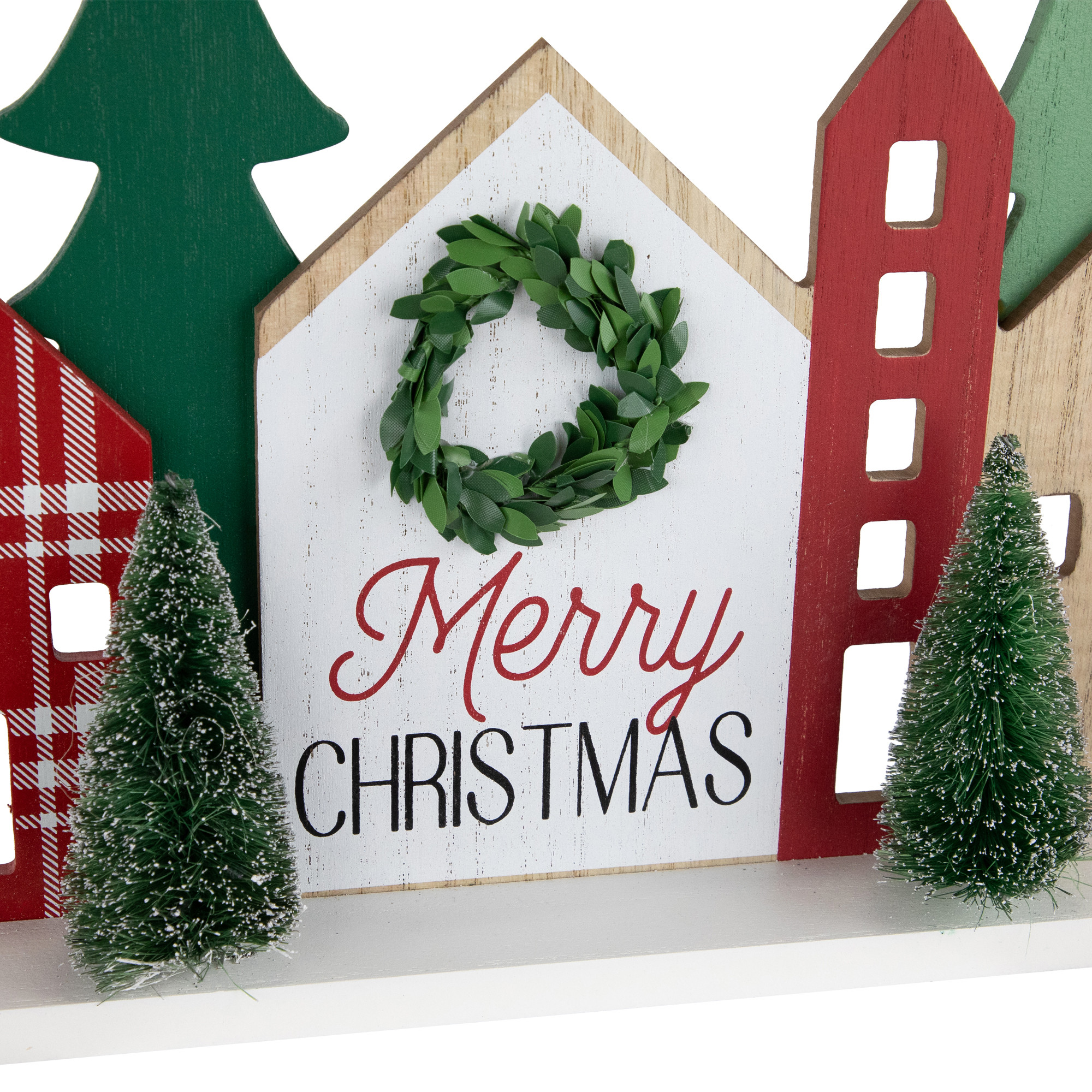Wooden "Merry Christmas" Houses with Trees Decoration - 15" - Red ...