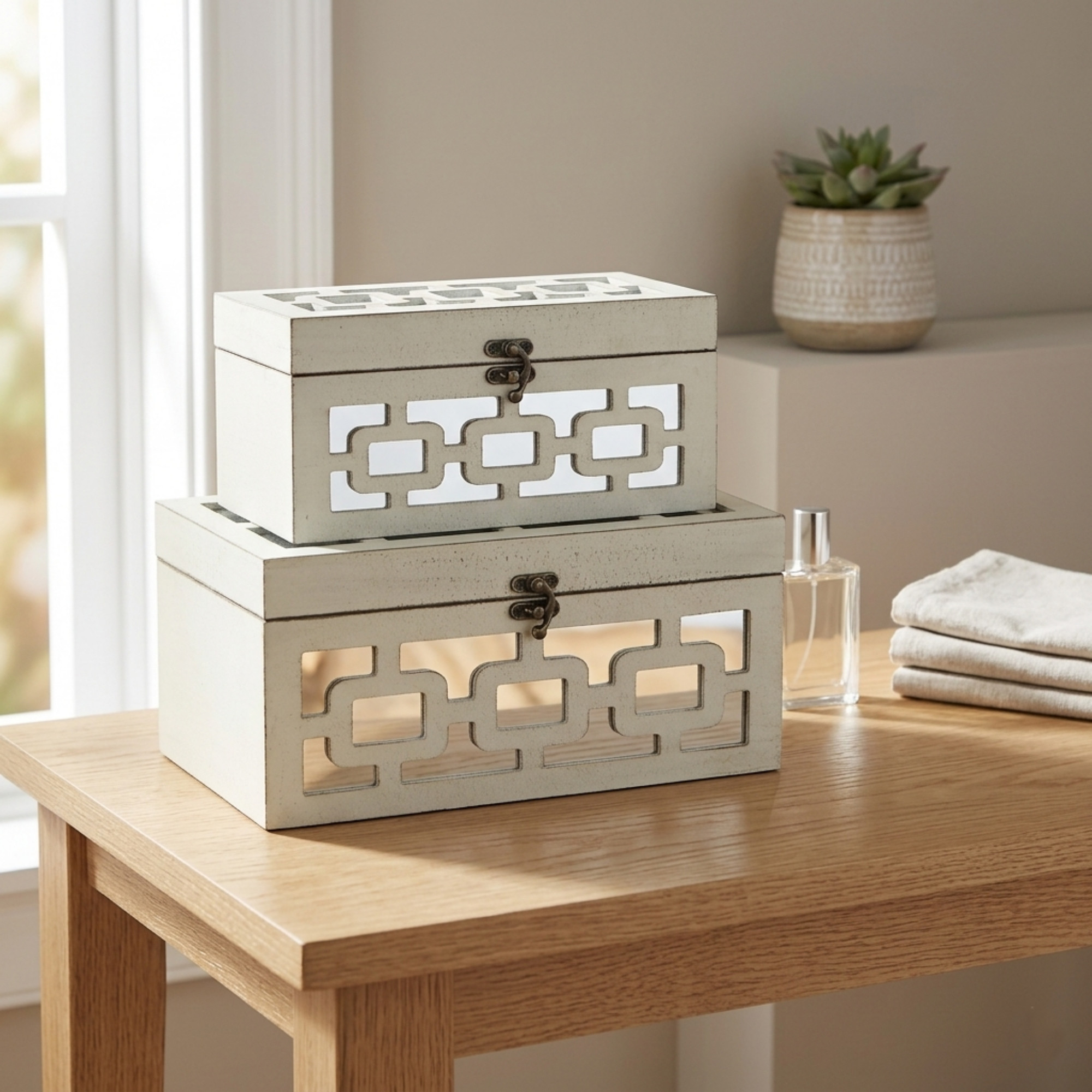 Set of 2 White Lattice Pattern Storage Boxes with Front & Top Mirror 11 ...