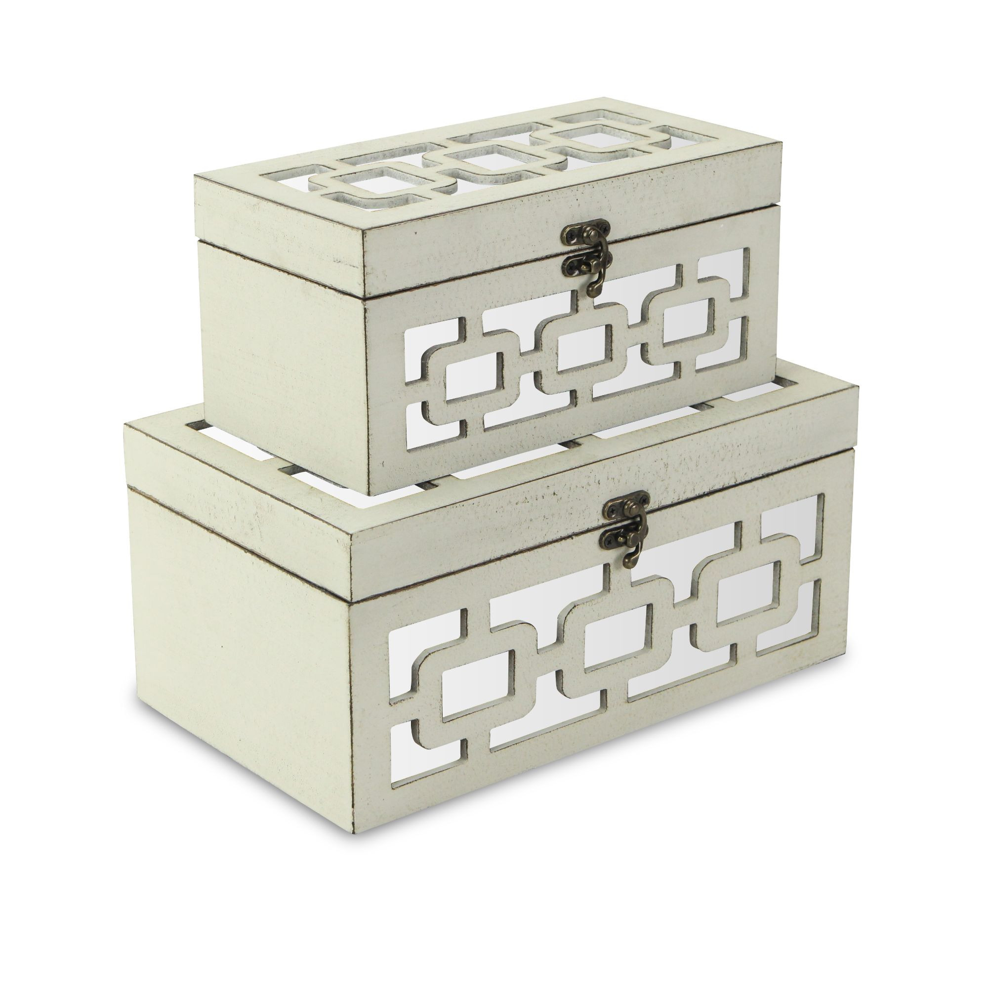 Set of 2 White Lattice Pattern Storage Boxes with Front & Top Mirror 11 ...