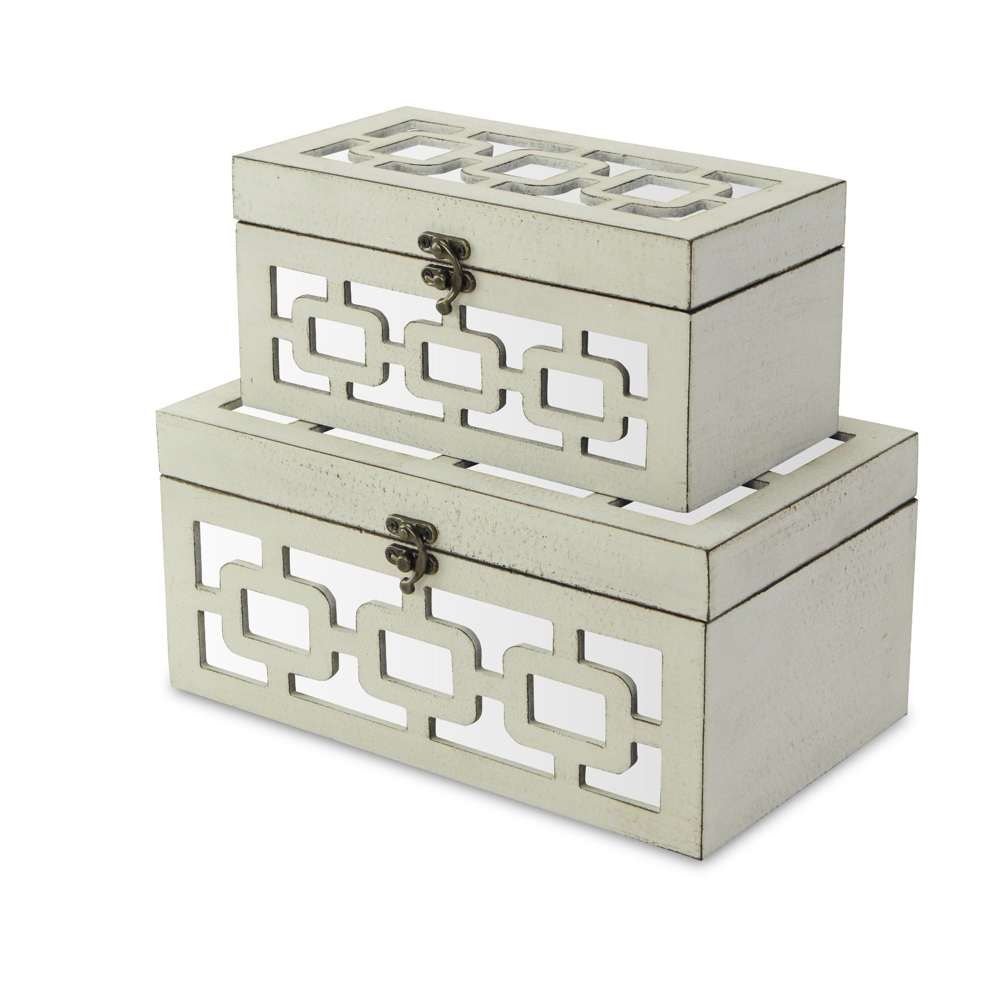 Set of 2 White Lattice Pattern Storage Boxes with Front & Top Mirror 11 ...