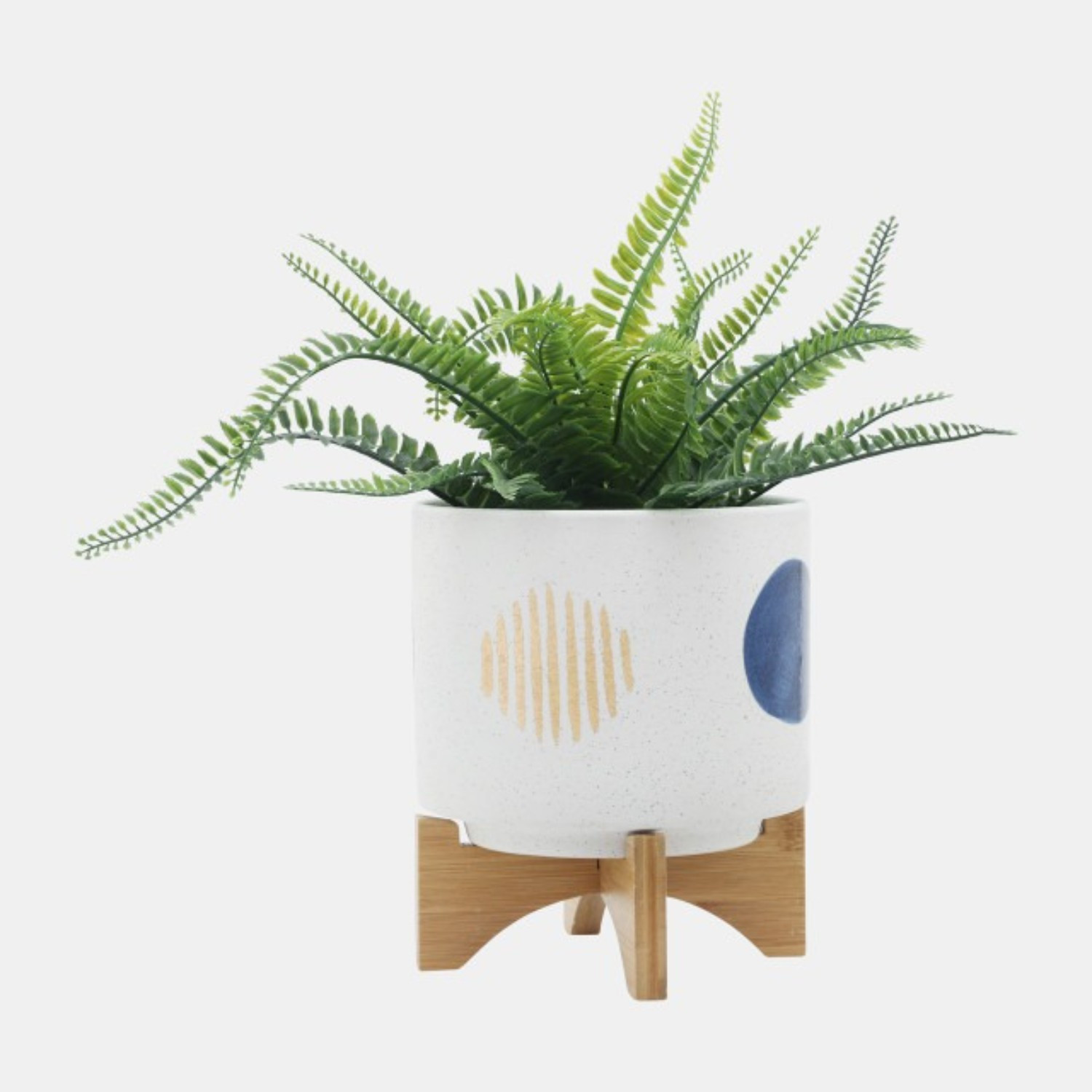 Funky Ceramic Planters with Wooden Stand - 10.5" - White & Blue - Set ...