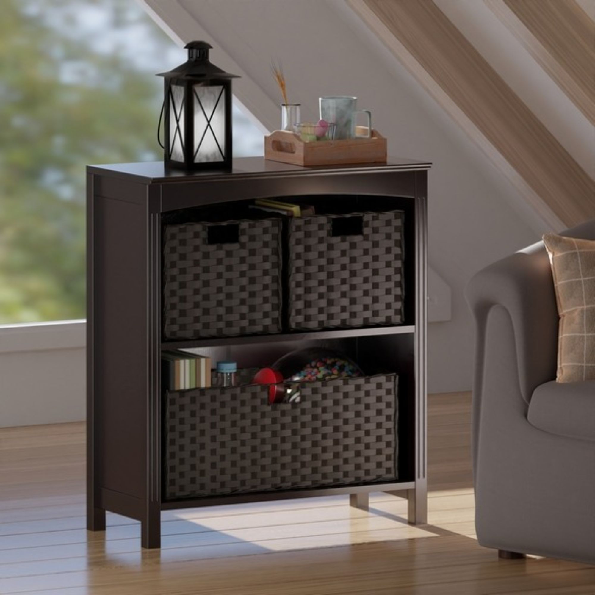 4 Pc Storage Shelf with 3 Foldable Woven Baskets - 30" - Walnut ...