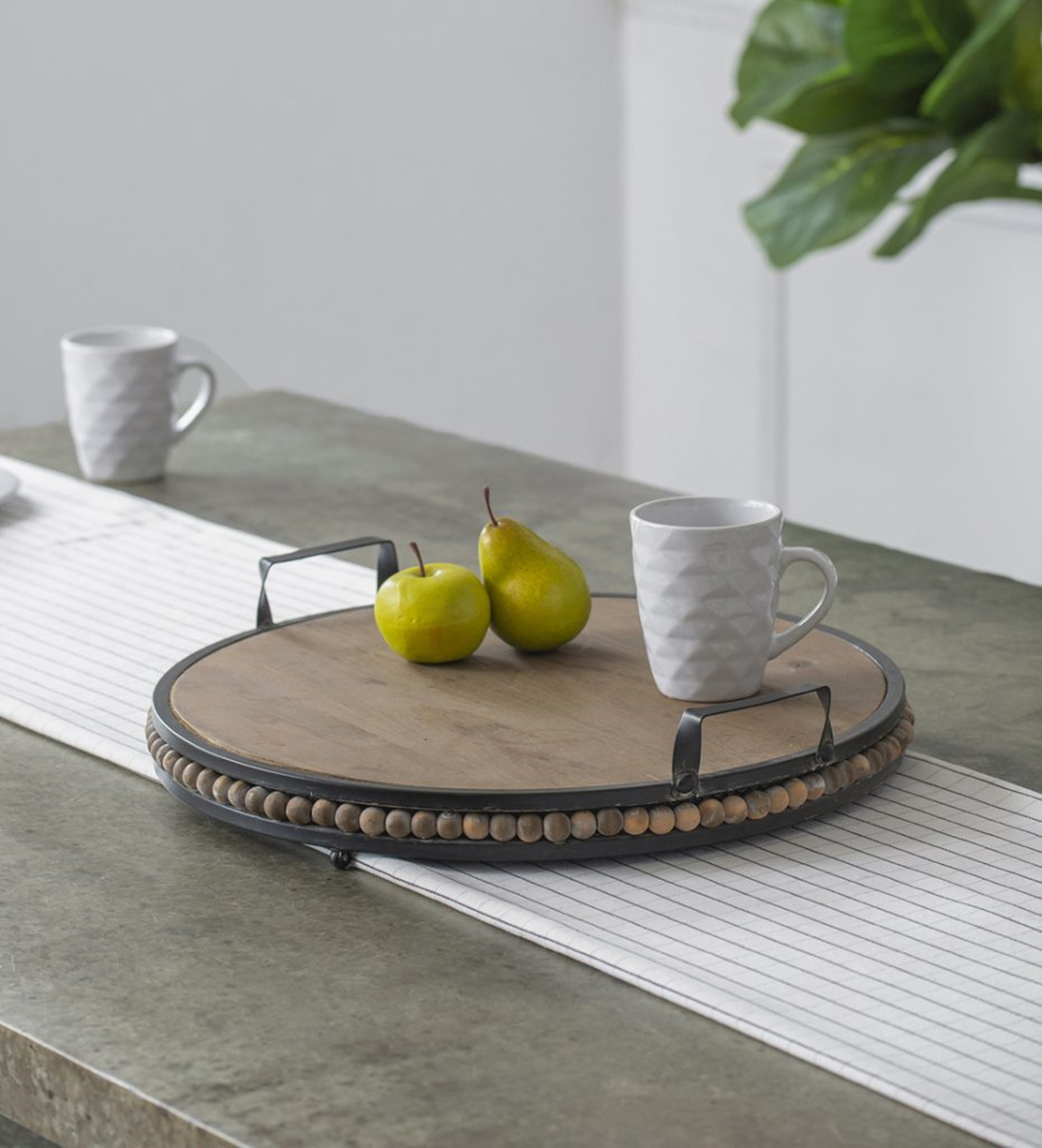 Wooden Decorative Bead Round Tray with Handles - 17.75" | Christmas Central