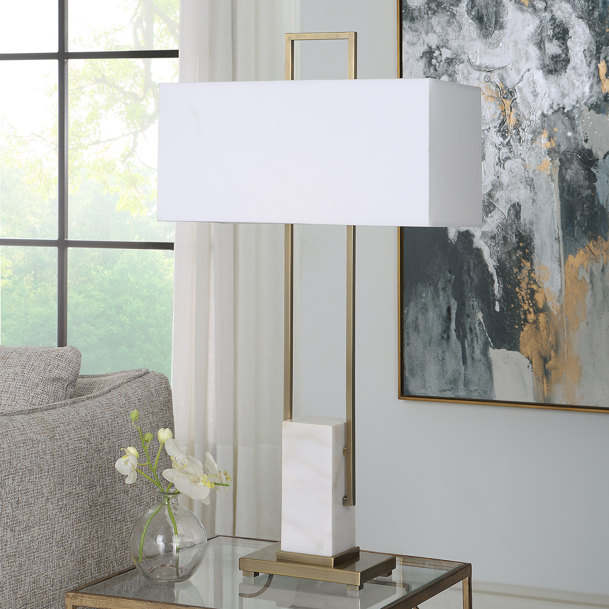 Column Steel Bars Table Lamp with Hardback Shade- 35" - White ...