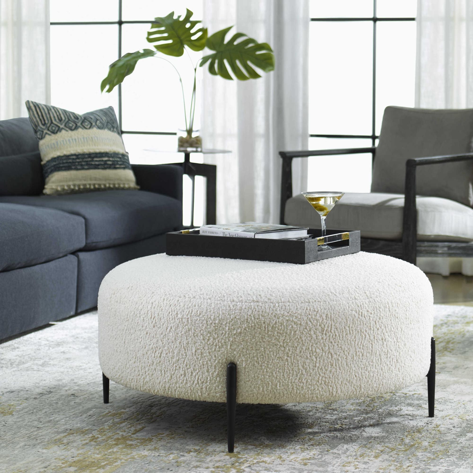 Round Faux Shearling Plush Ottoman - 40" - White & Black - Large ...