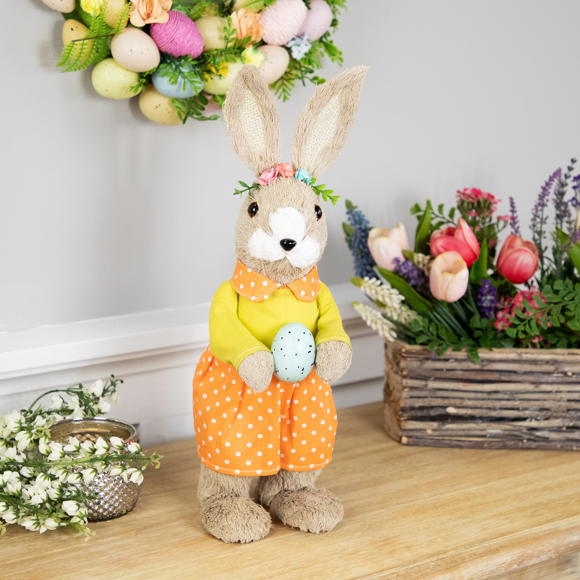 Standing Girl Rabbit with Easter Egg Figure - 15" - Orange & Green ...