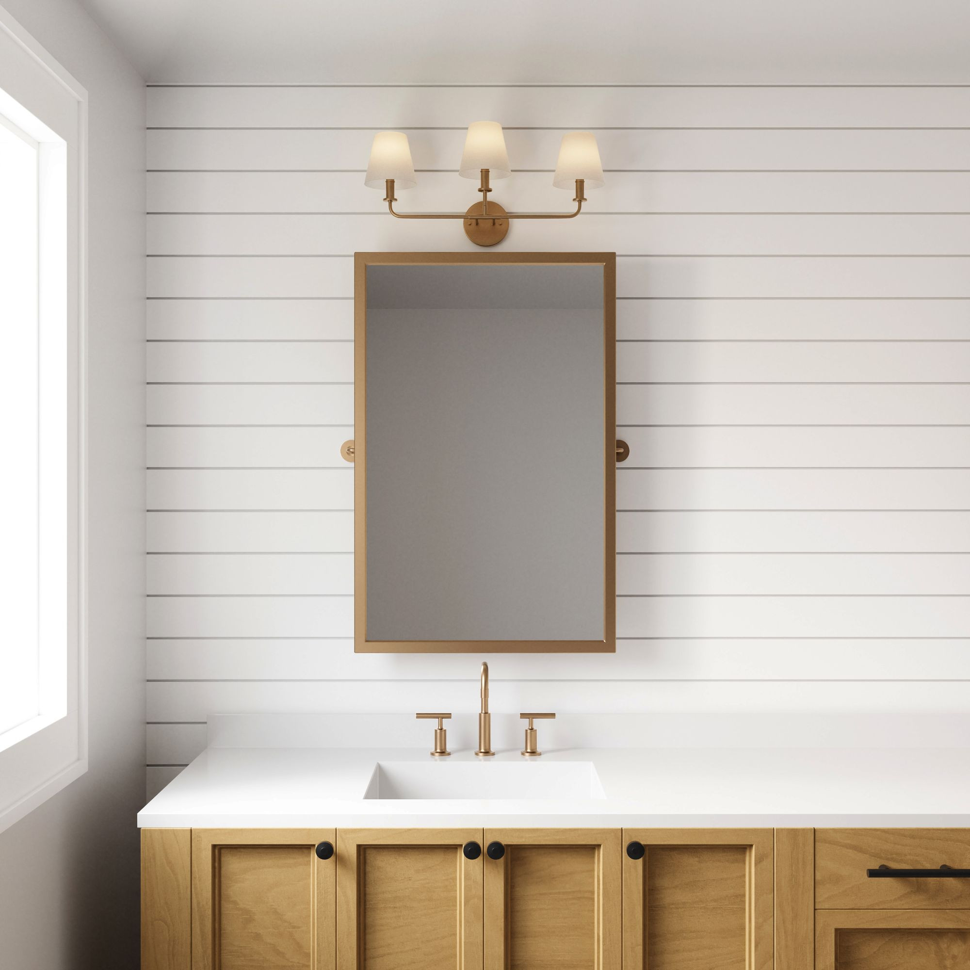 24" Brushed Gold Vanity 3-Light Fixture with Tapered Shades | Christmas ...