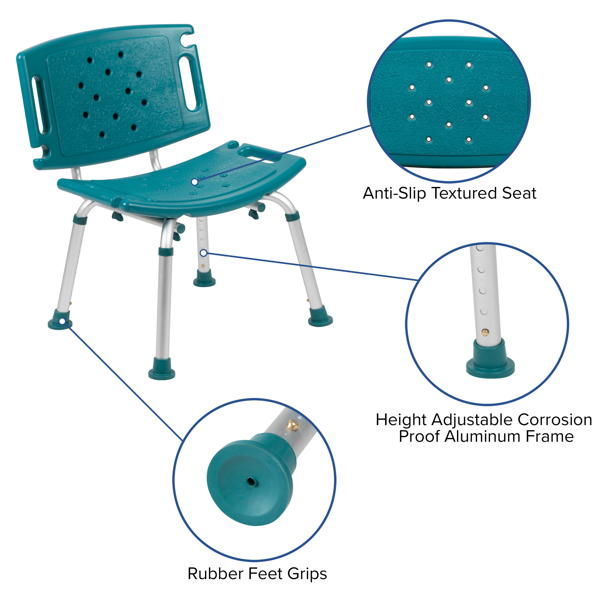 32.25" Teal Blue Adjustable Bath & Shower Chair with Extra Large Back ...