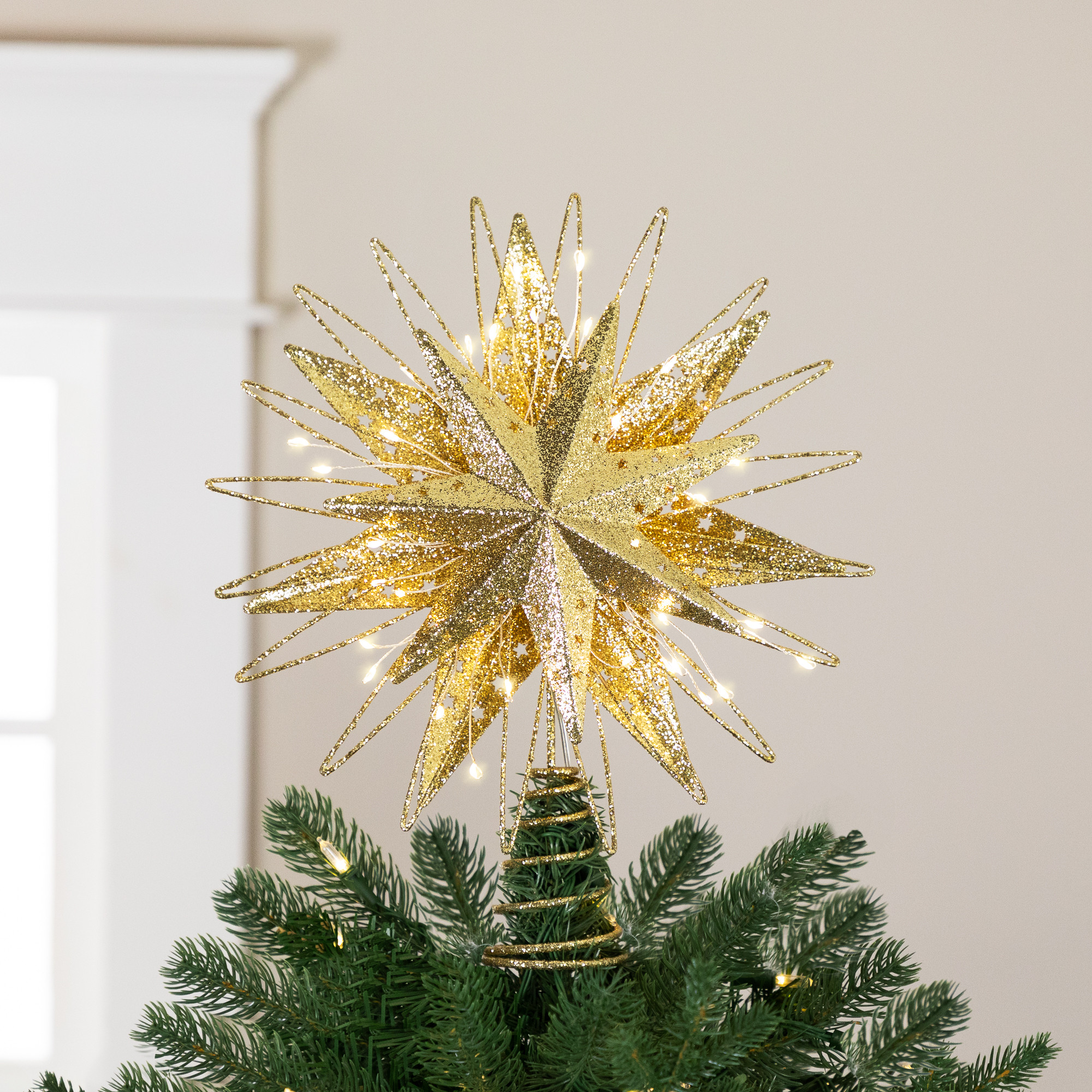 LED Lighted Glittered Starburst Christmas Tree Topper - 13" - Gold ...