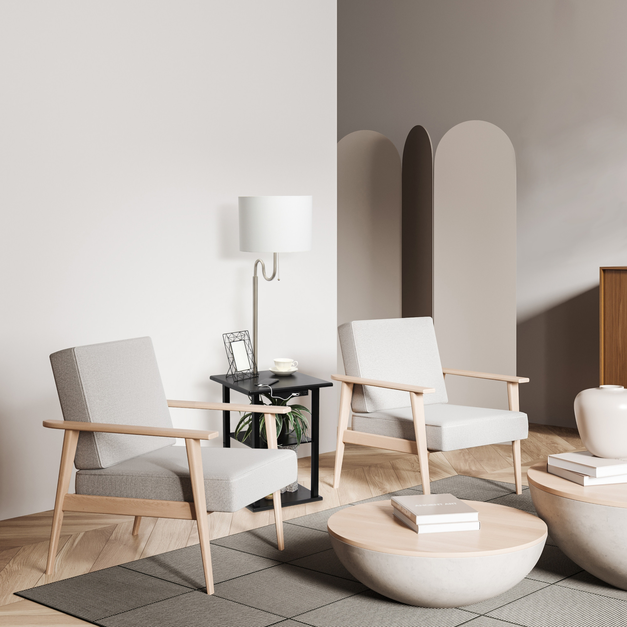 2 Tier End Table Floor Lamp with White Drum Shade - 57" - Black ...