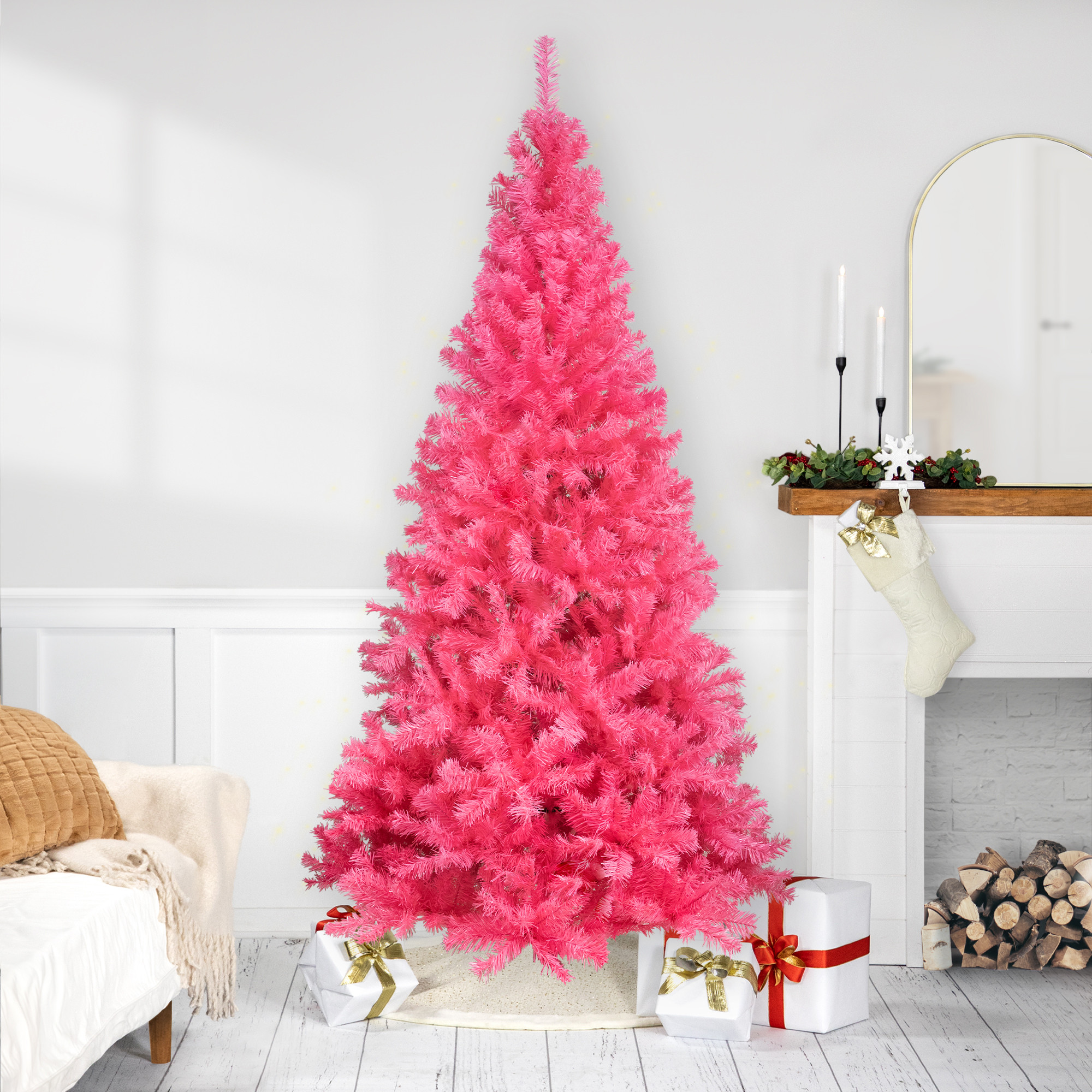 Artificial Tinsel Christmas Tree - 7' - Pink - Unlit | Christmas Central