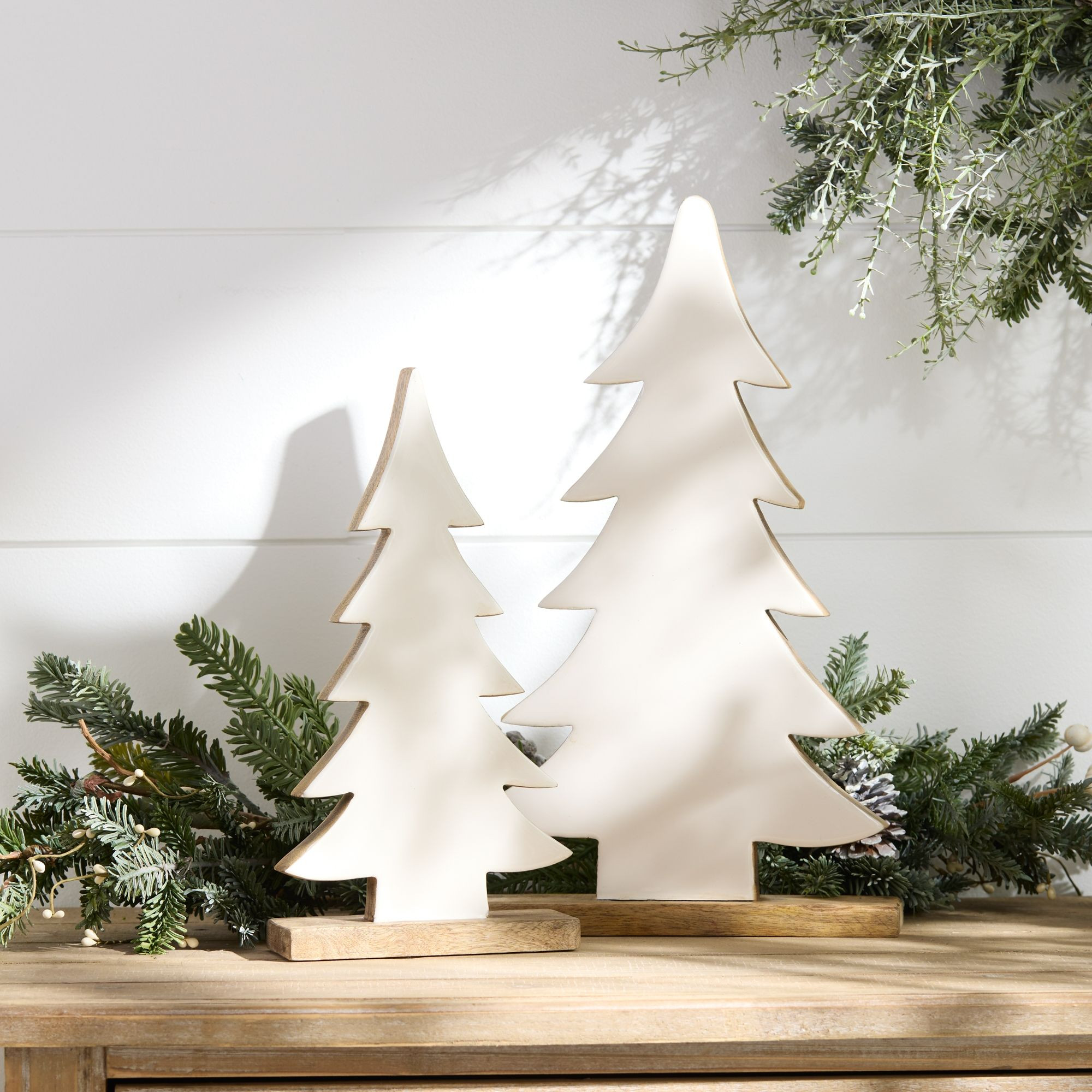 Pine Tree on Wood Base Christmas Tabletop Decorations - 16" - Set of 2 ...