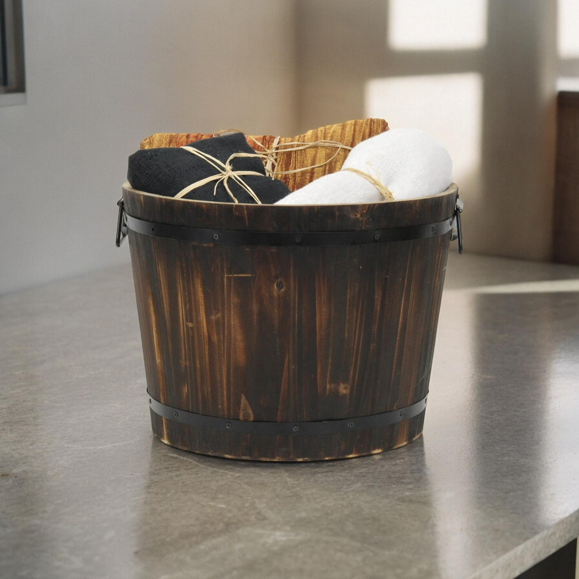 Handcrafted Large Wooden Decorative Bucket - 15.25" - Brown & Black ...