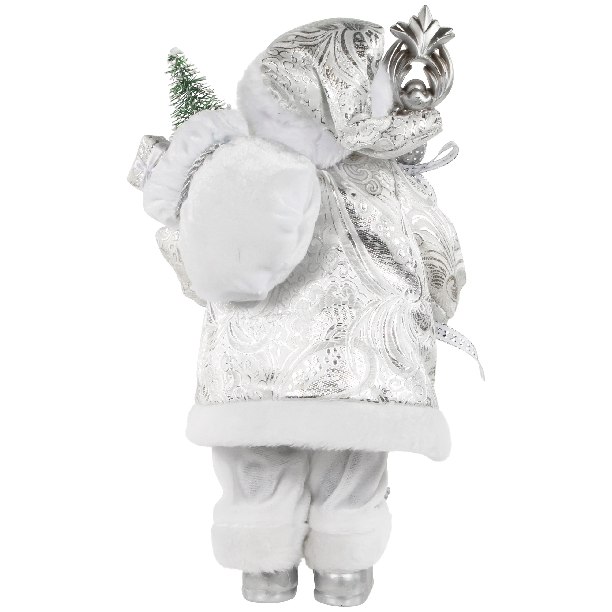 12" White & Silver Santa Claus with Staff & Gift Bag Christmas Figure ...