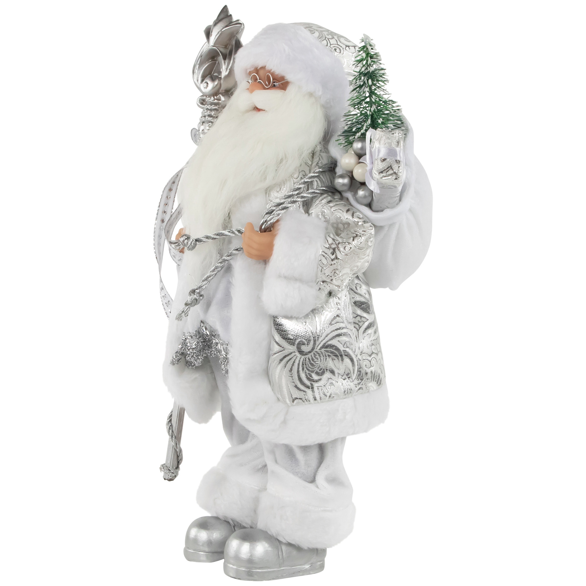 12" White & Silver Santa Claus with Staff & Gift Bag Christmas Figure ...
