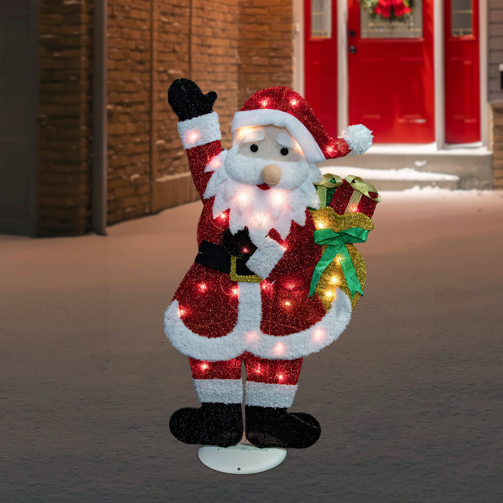 32" Red & White Lighted Waving Santa with Gifts Christmas Outdoor ...