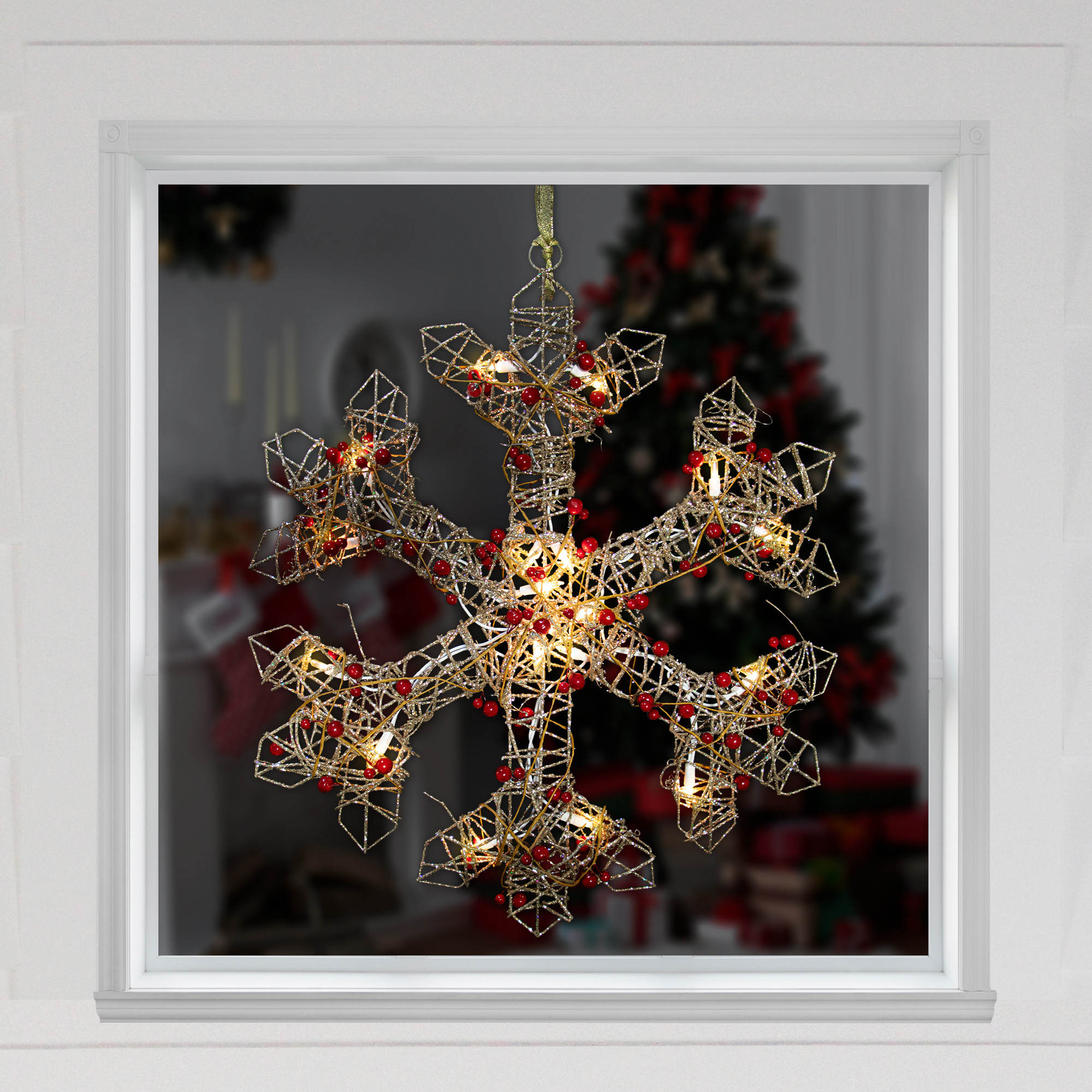 19" Lighted Silver Glittered Berry Rattan Snowflake Christmas Window ...