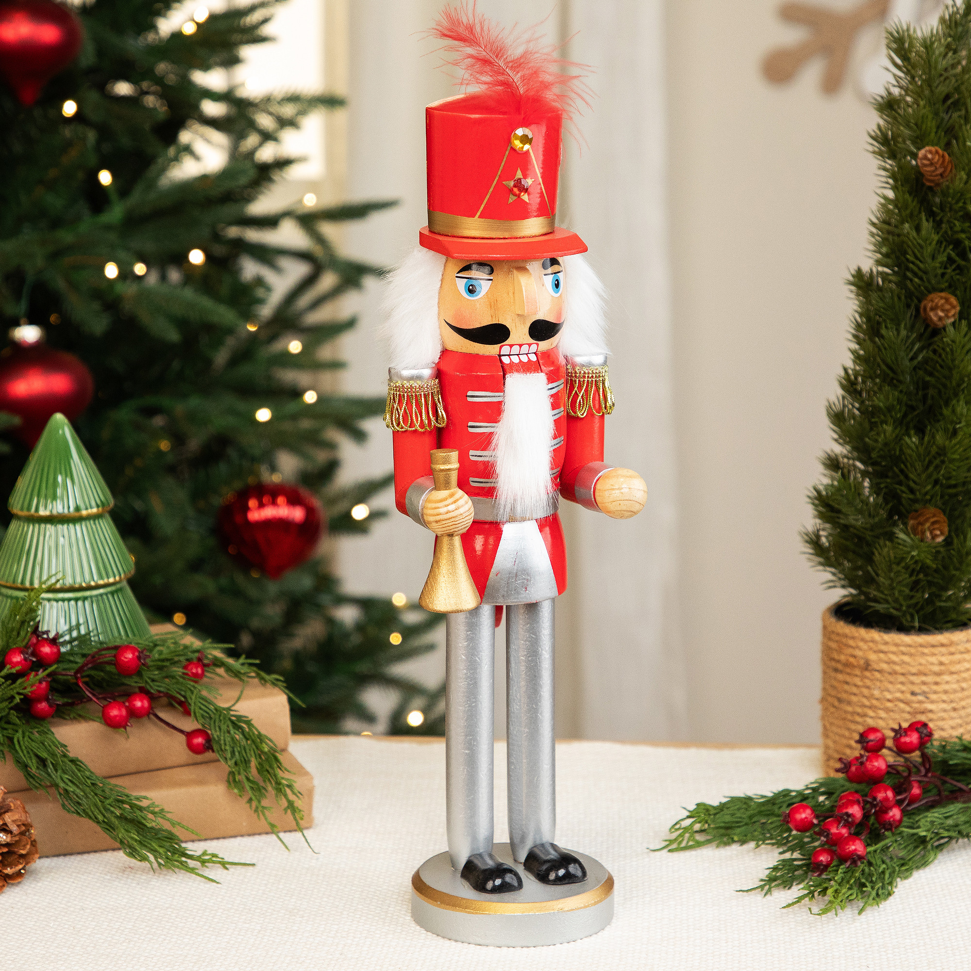 14" Red & White Wooden Christmas Nutcracker with Horn | Christmas Central
