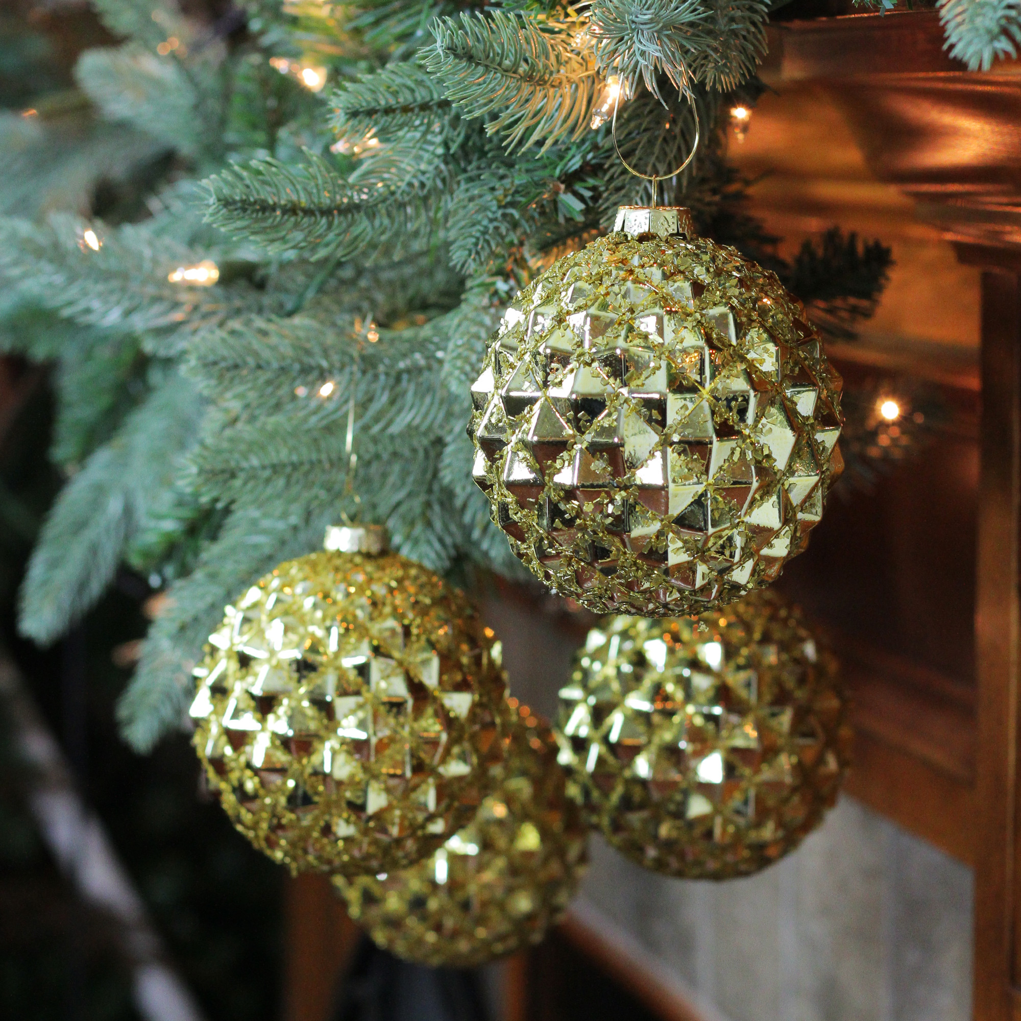 4ct Gold Glitter Flake Christmas Glass Ball Ornaments 4" (100mm ...