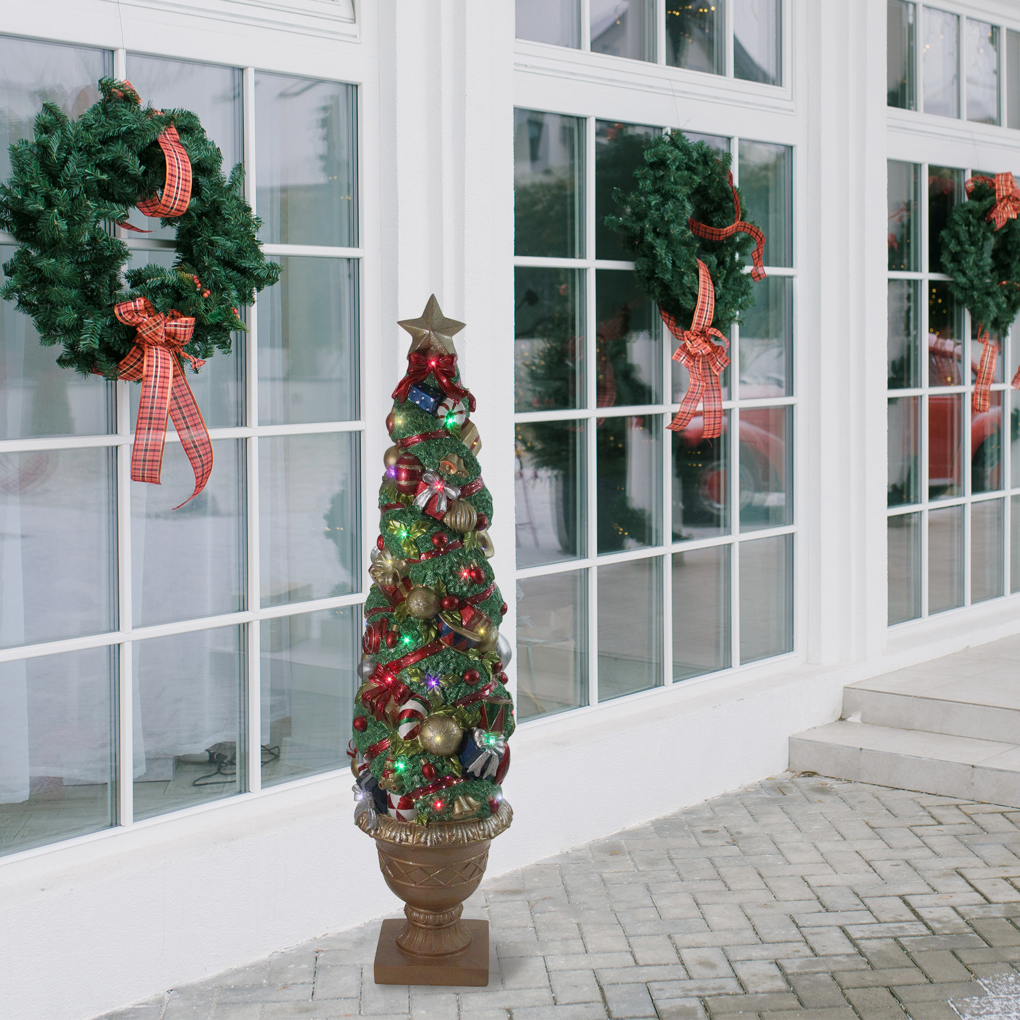5' Prelit Fiber Optic LED Topiary Outdoor Artificial Christmas Tree ...