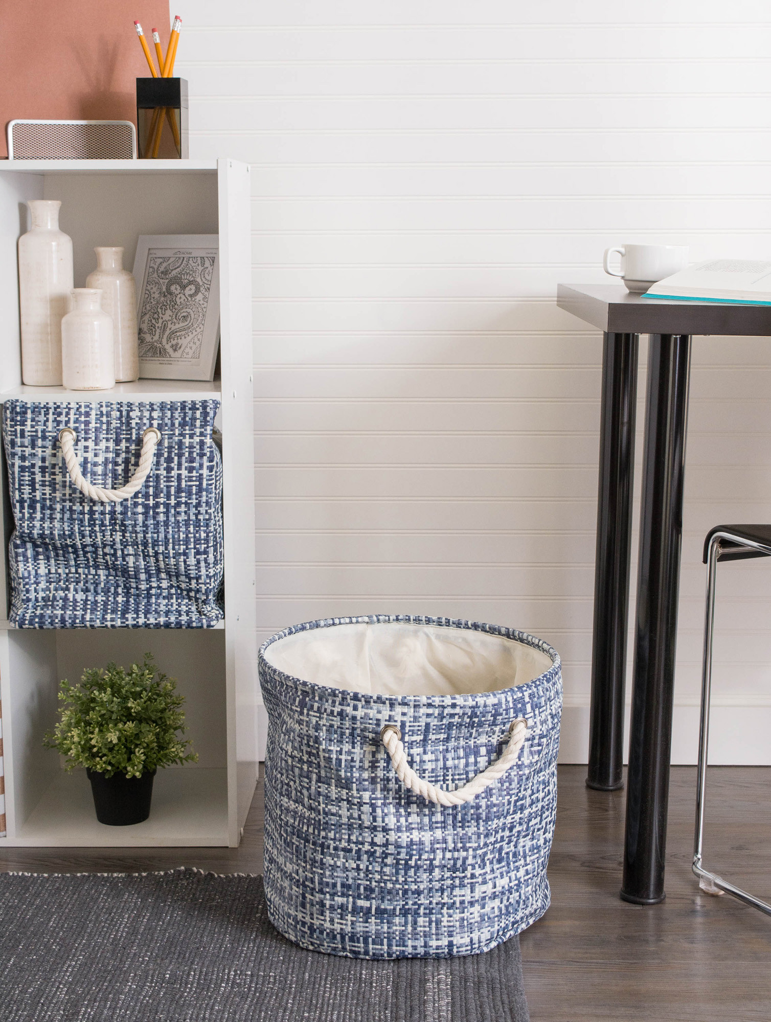 20" Nautical Blue & Ivory Tweed Patterned Large Round Bin with Rope ...