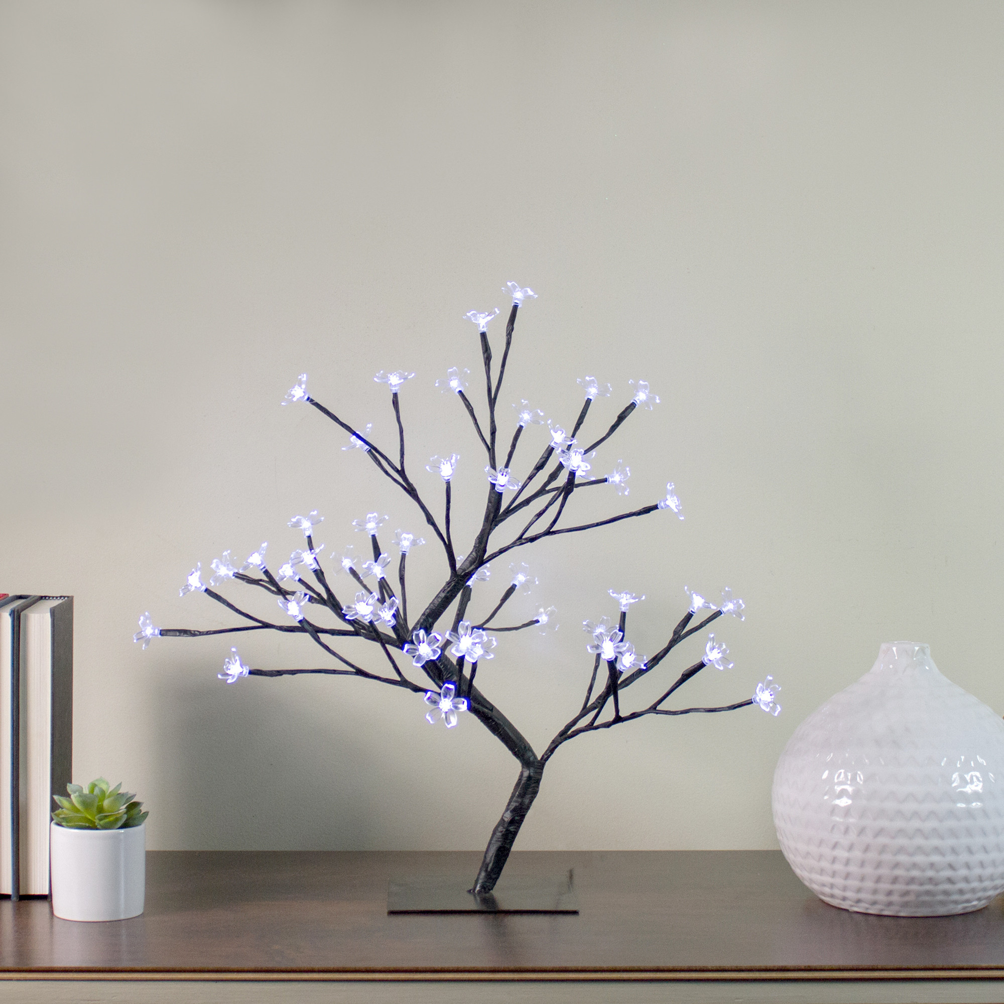 18" Pre-Lit Japanese Sakura Blossom Flower Artificial Tree - Pure White ...