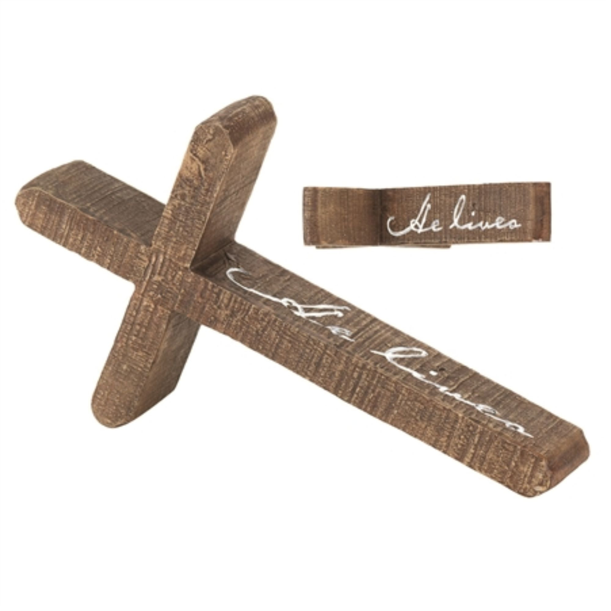 10" Brown & White "HE LIVES" Laying Cross Shaped Tabletop Decor ...