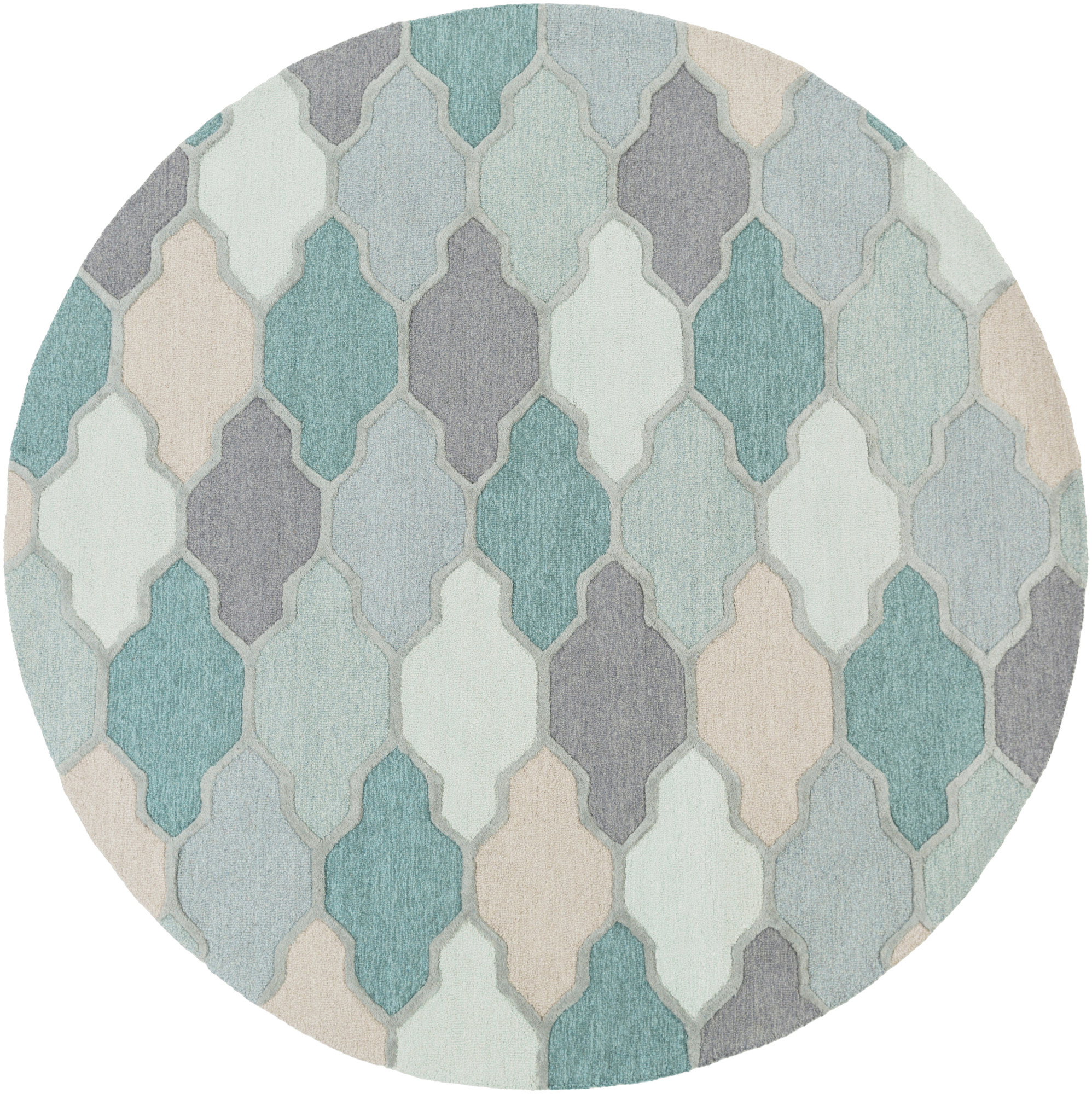 6’ Geometrical Trellis Patterned Teal Blue & Gray Round Area Throw Rug ...