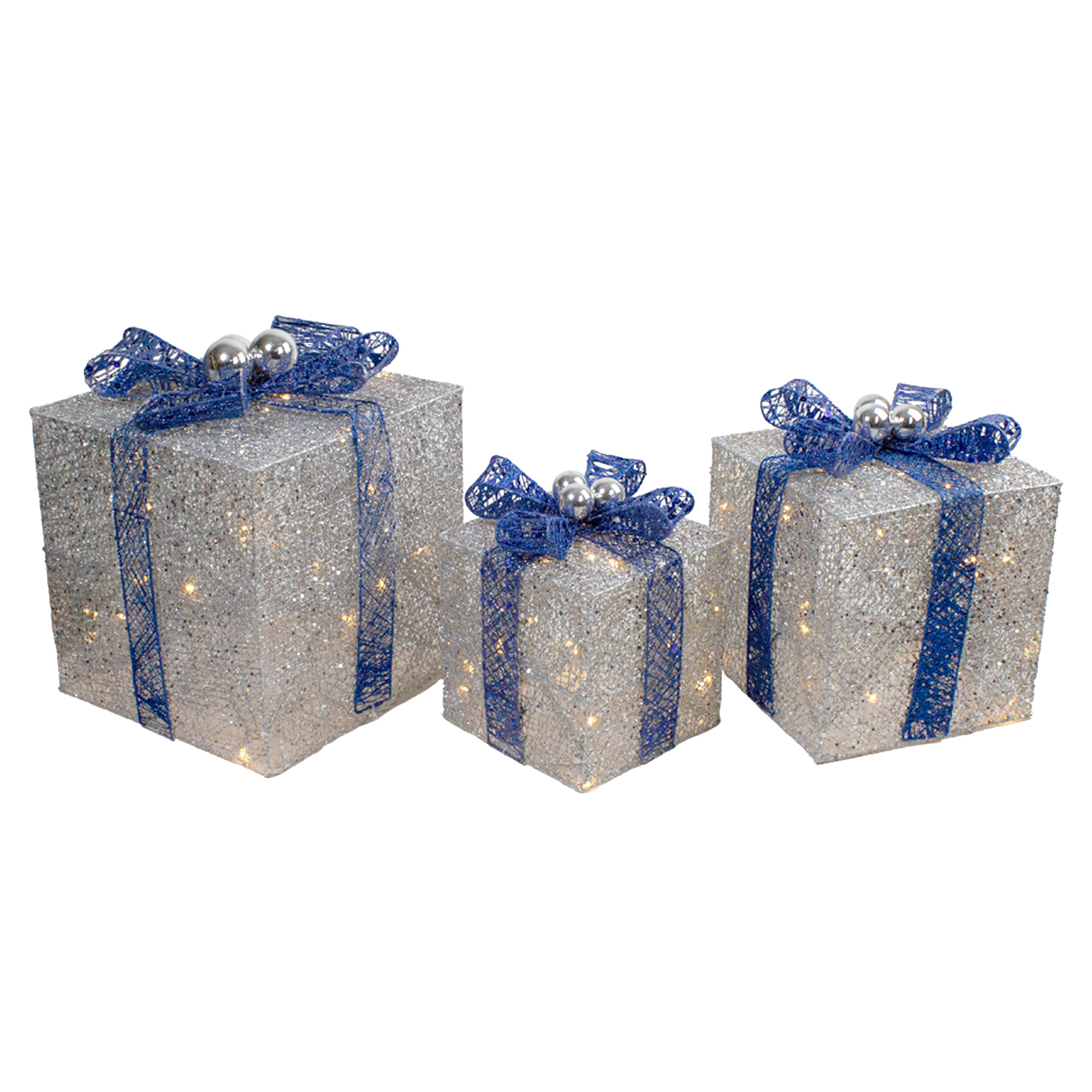 Set of 3 Lighted Silver & Blue Glitter Gift Box Christmas Outdoor ...