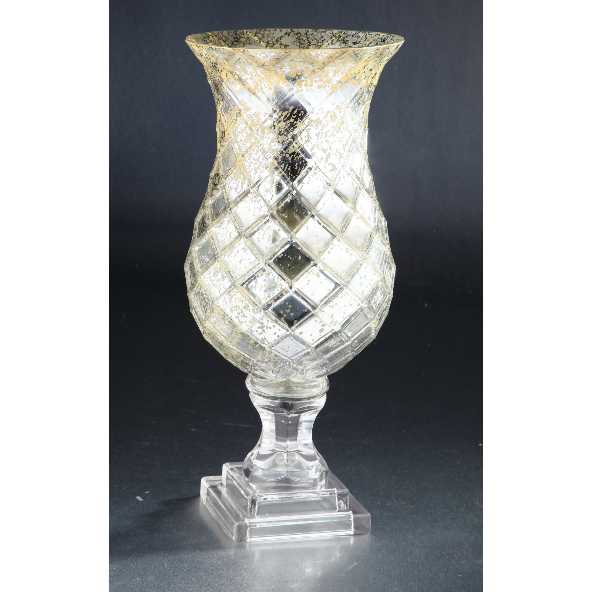 18" Silver Tone Diamond Pattern Glass Hurricane Candleholder ...