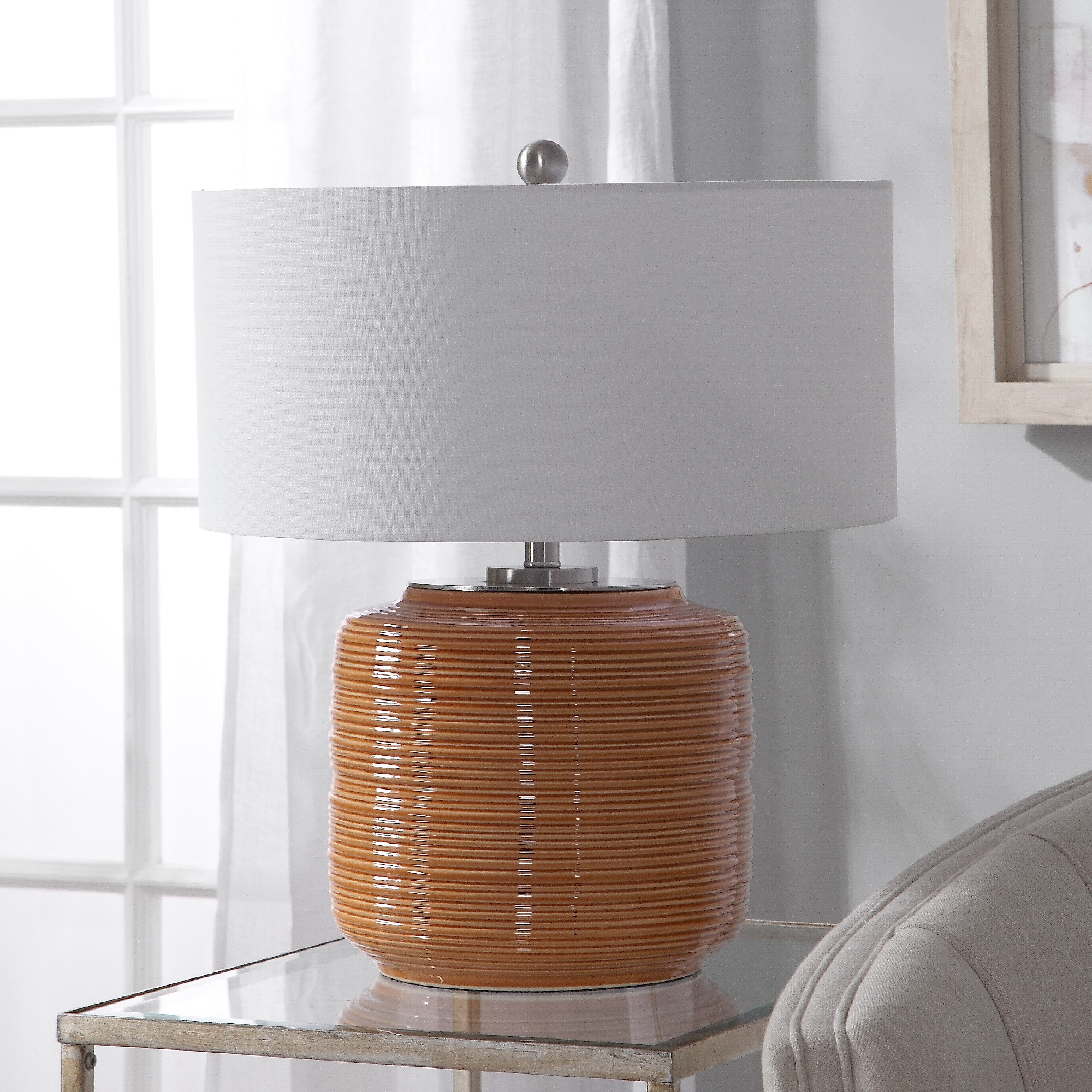 23.5” Orange Retro Striped Table Lamp with Matching Lamp Shade ...