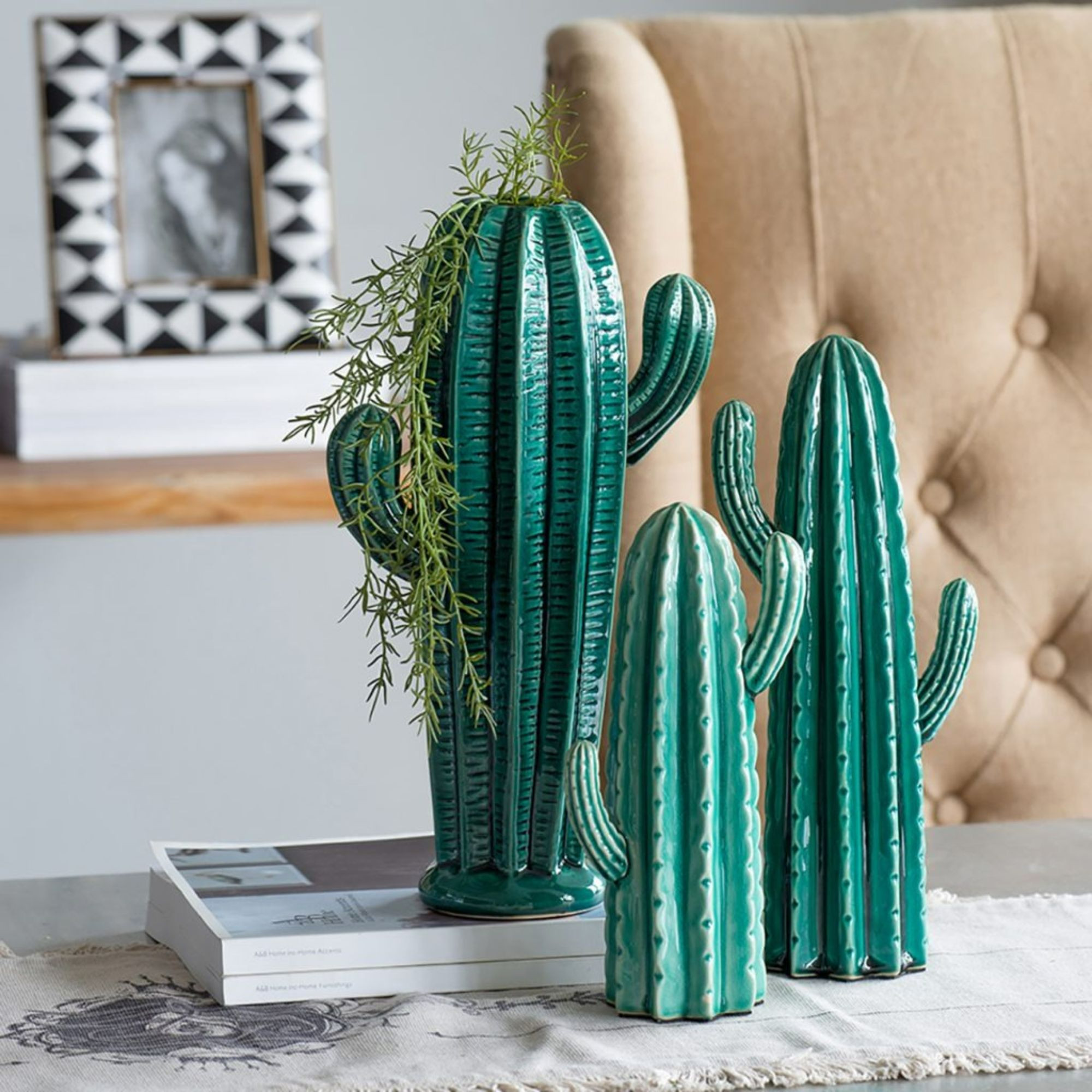 14" Blue Modern Chic Style Prickly Textured Large Cactus Accent ...