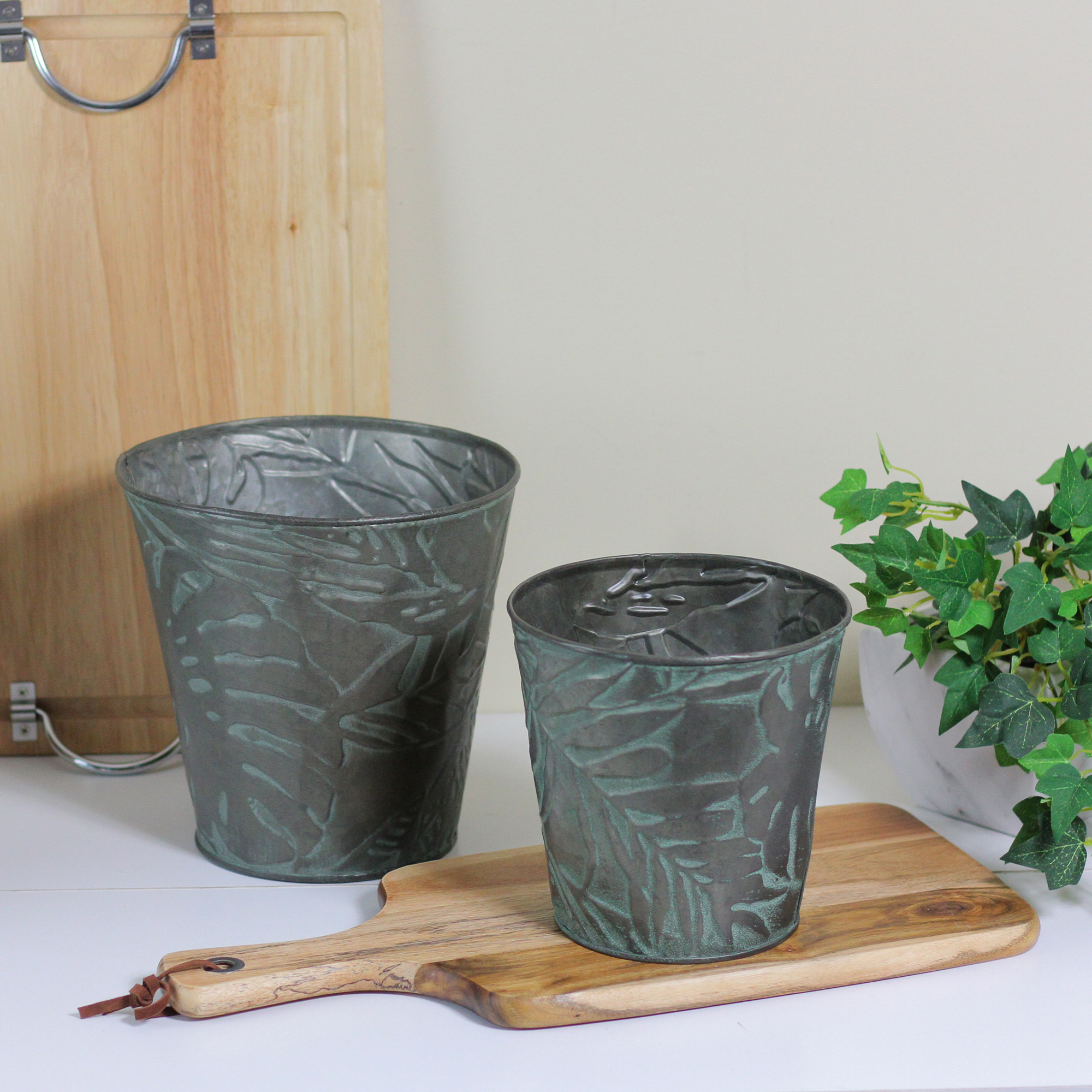 Set of 2 Patina Leaf Motif Planter Buckets 11" | Christmas Central
